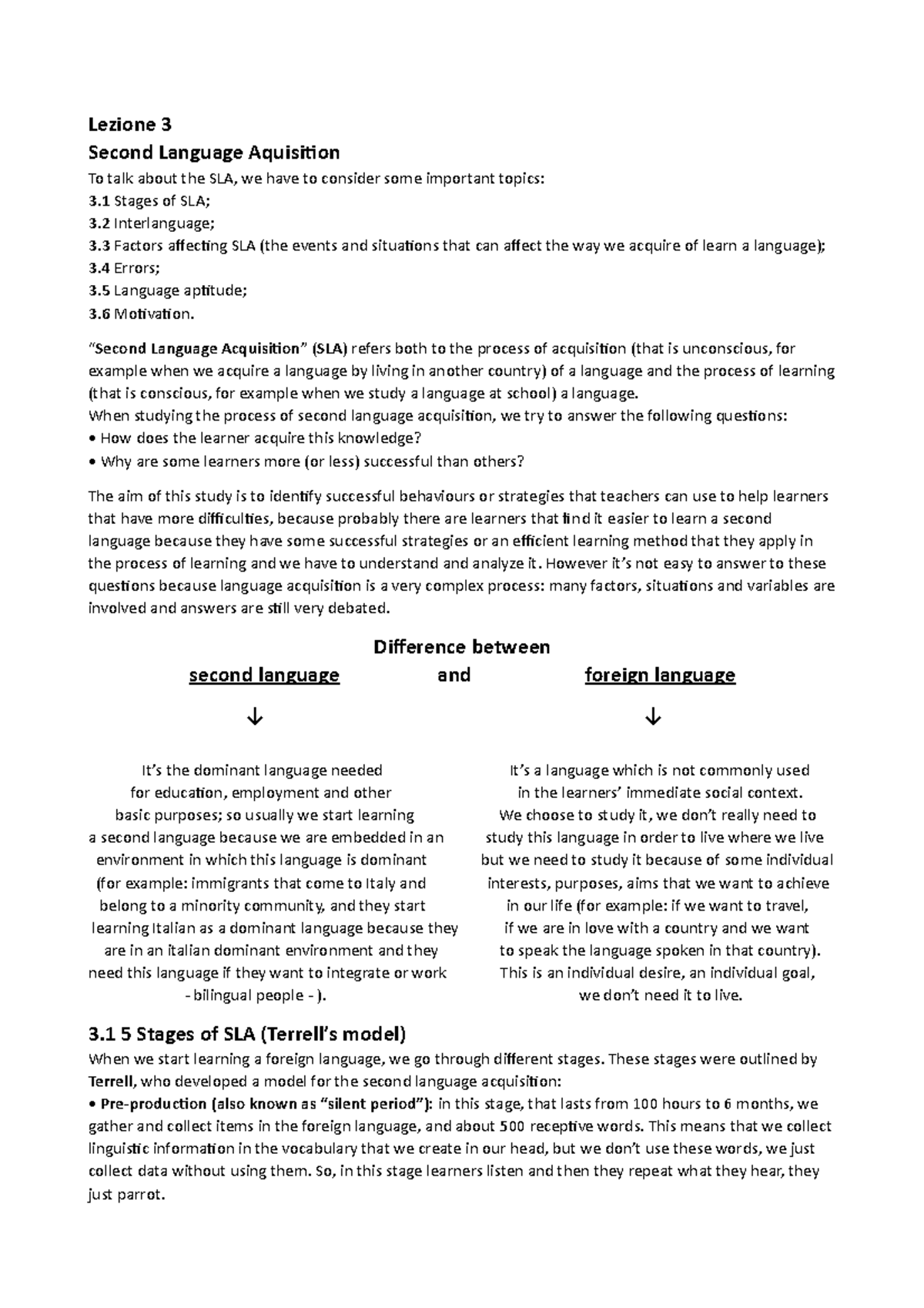 Lezione 3 - Appunti/riassunti della parte orale di Lingua inglese II - Lezione 3 Second Language ...