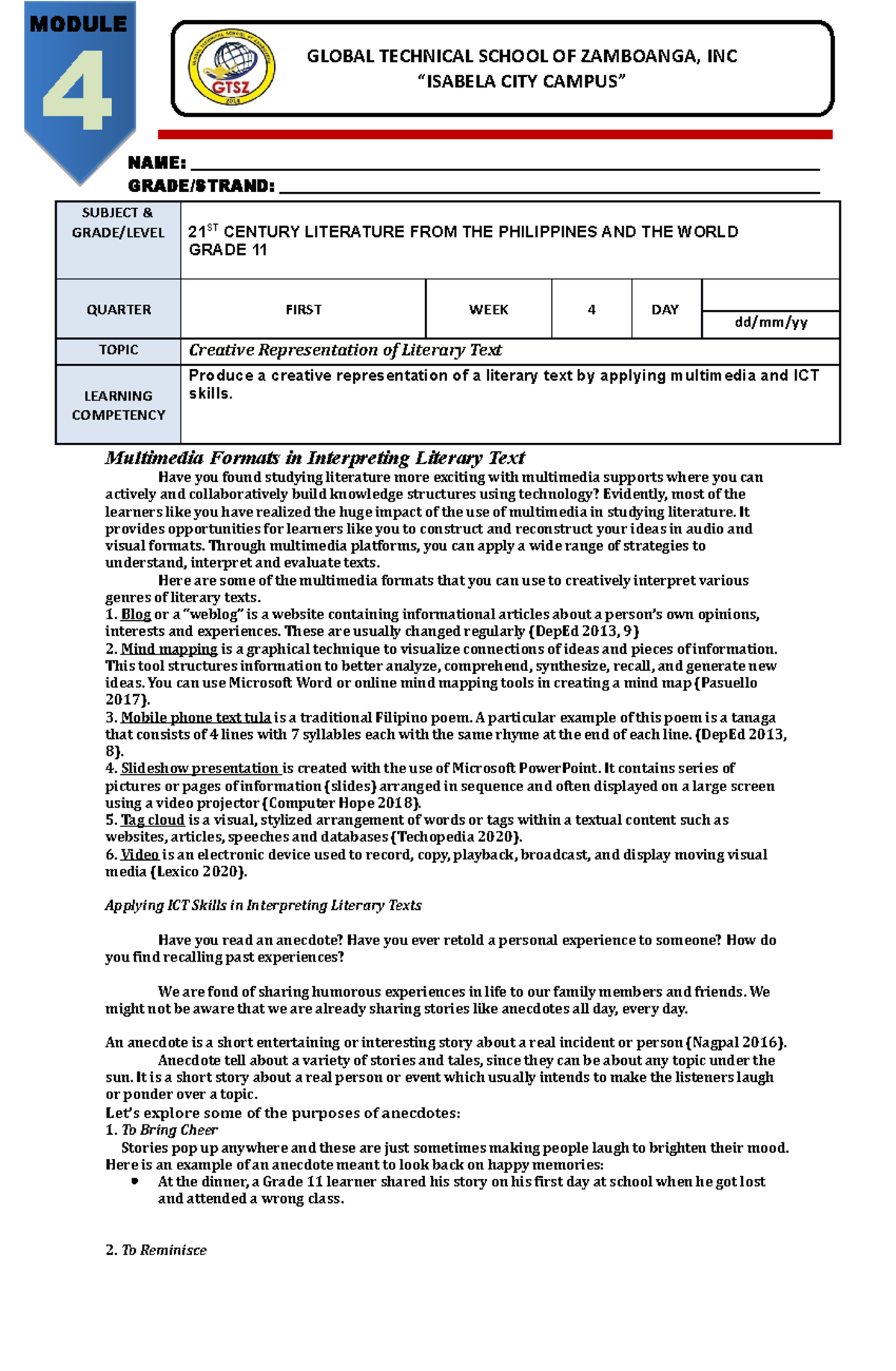 21ST Century SIR Jorick module 4 - 2 SUBJECT & GRADE/LEVEL 21 ST ...