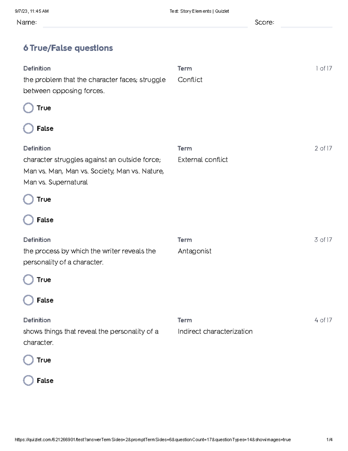 Test Story Elements Quizlet - Name: Score: 6 True/False questions ...