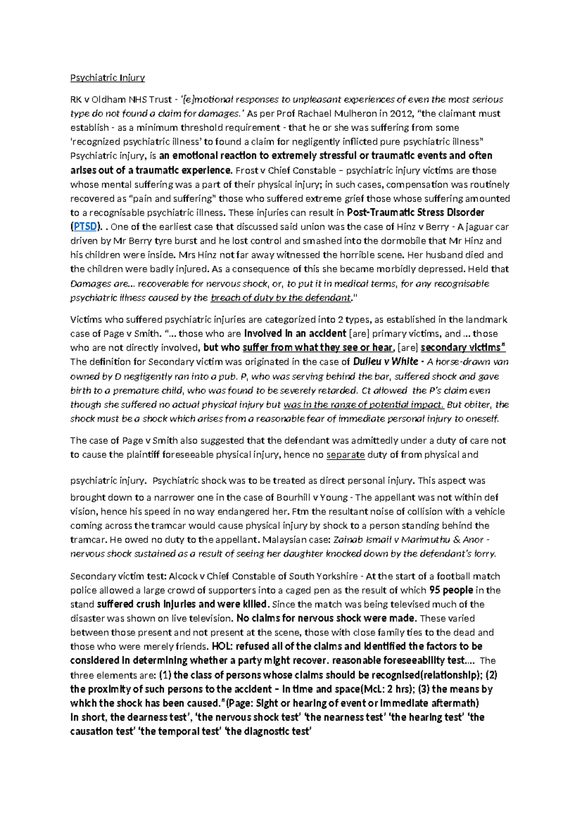 Tort I Psychiatric Injury Sample Essay - Psychiatric Injury RK v Oldham ...