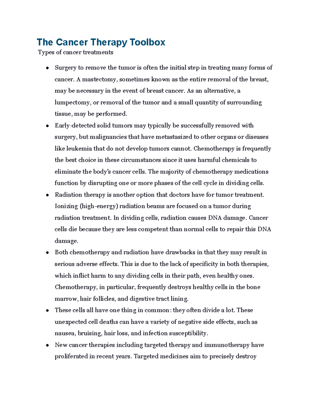 Bio ch. 10.7- The Cancer Therapy Toolbox - The Cancer Therapy Toolbox ...