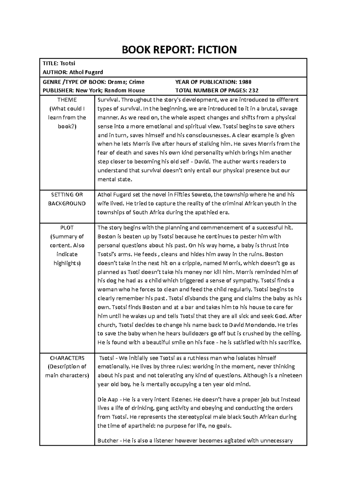 Book Report Template 2021 - BOOK REPORT: FICTION TITLE: Tsotsi AUTHOR ...
