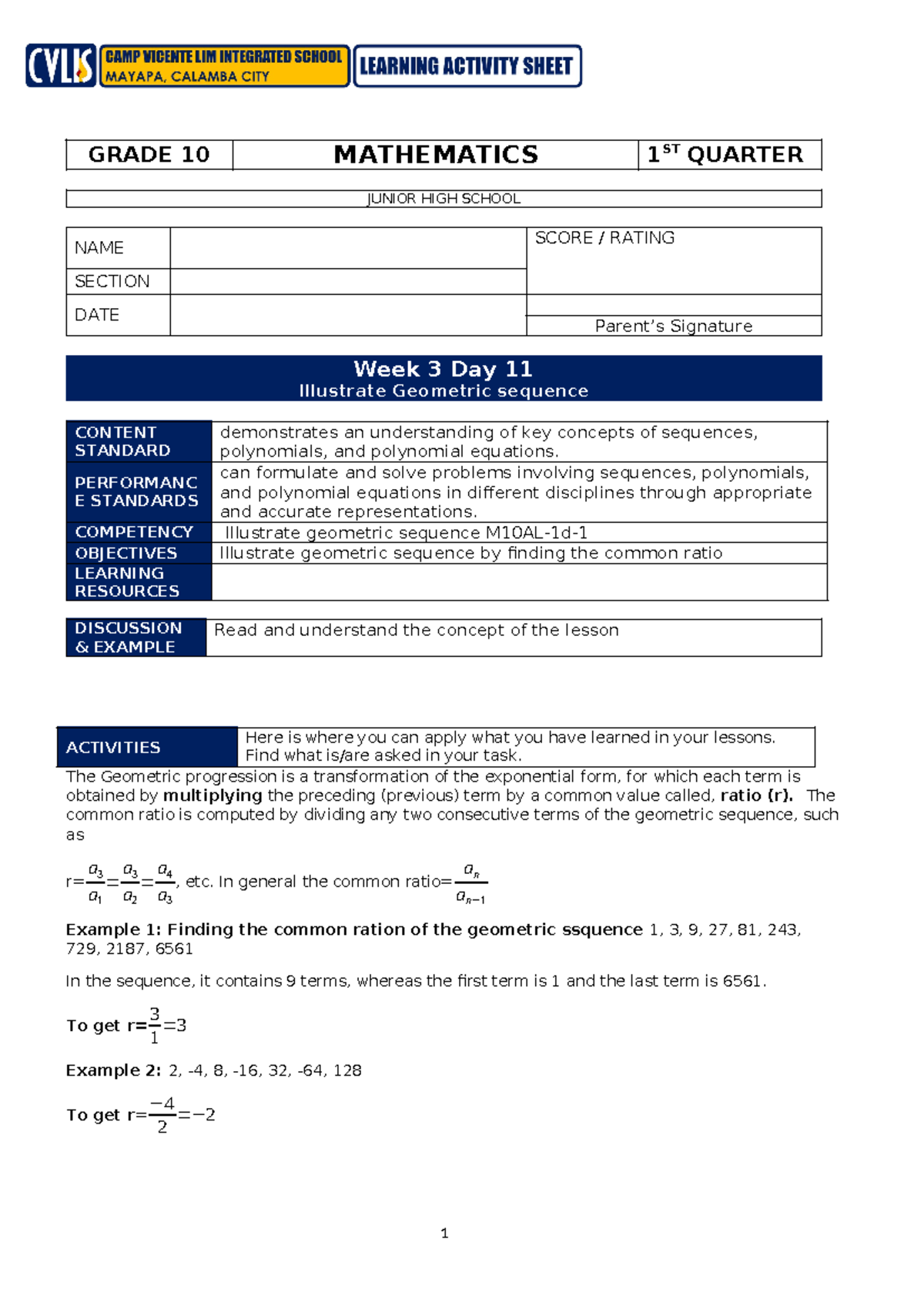 Illustrate geometric sequence 7th day - GRADE 10 MATHEMATICS 1 ST ...