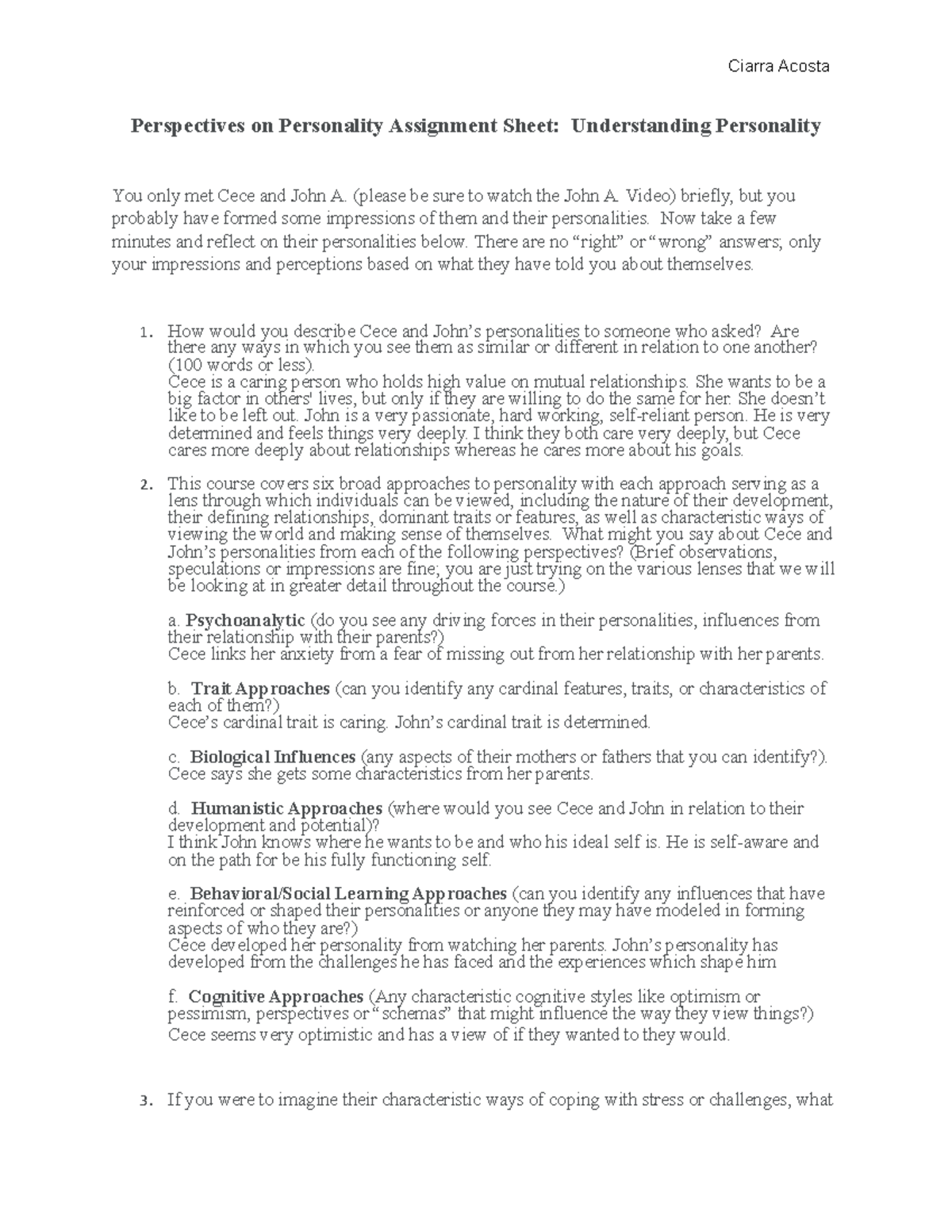 Perspectives on Personality Assignment Sheet Understanding Personality ...