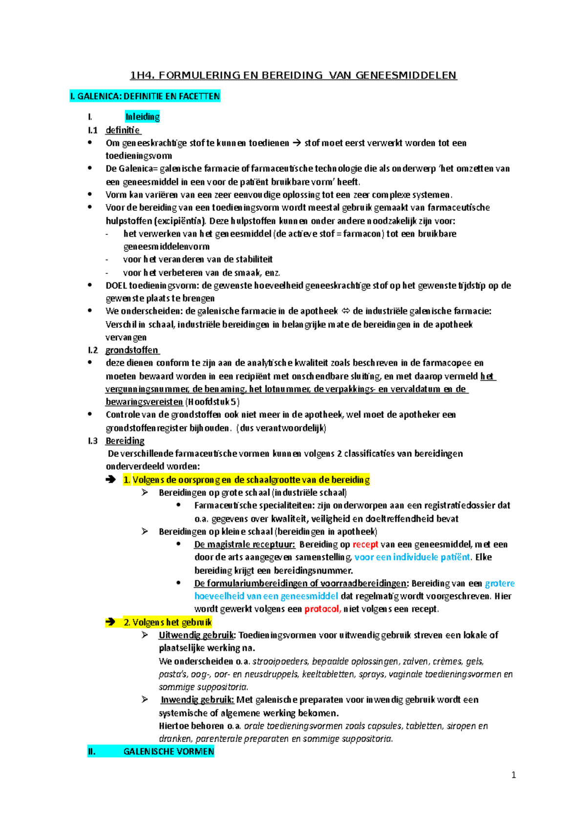 H4 samenvatting - Het geneesmiddel - 1H4. FORMULERING EN BEREIDING VAN ...