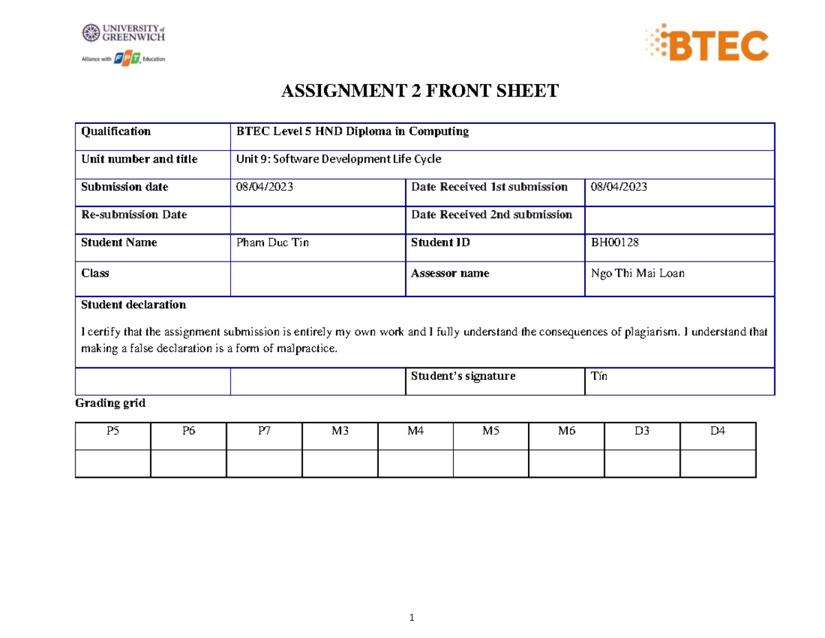 SDLC Assignment 2 - tài liệu môn sdlc - ASSIGNMENT 2 FRONT SHEET Qualification BTEC Level 5 HND ...