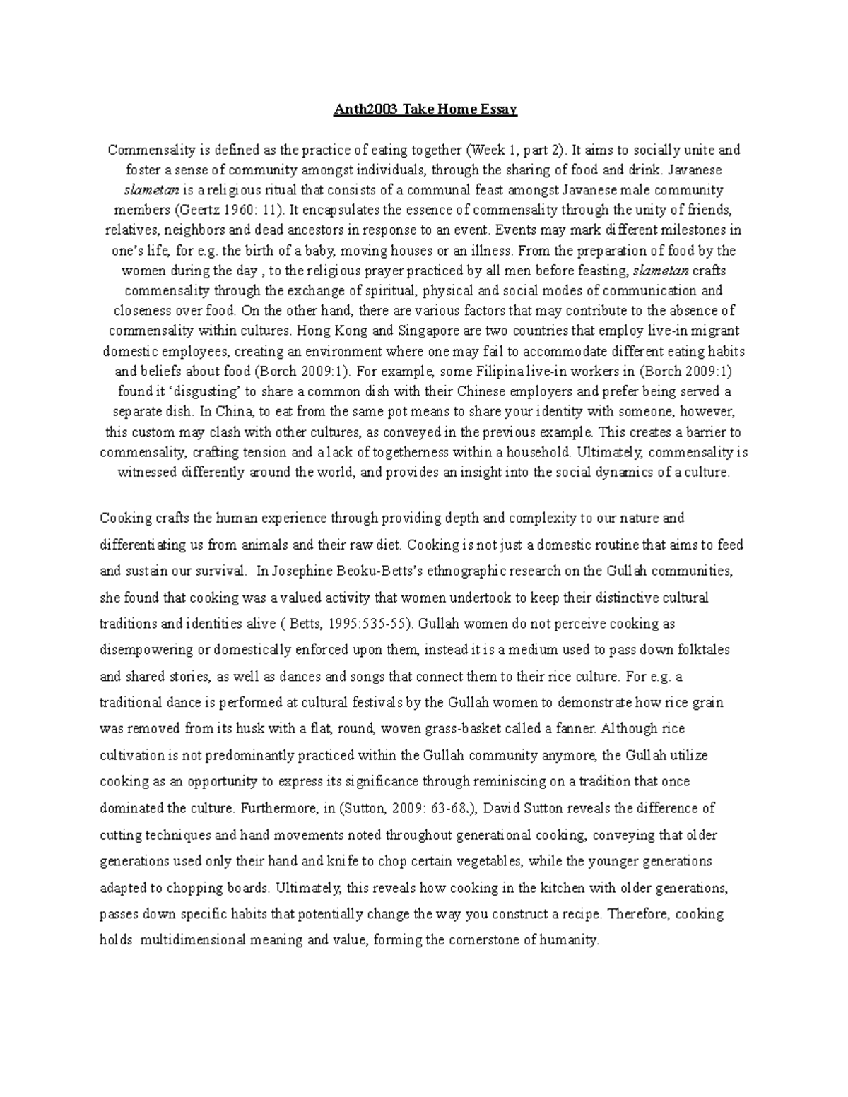 ANTH2003 Take Home Essay - Anth2003 Take Home Essay Commensality is ...