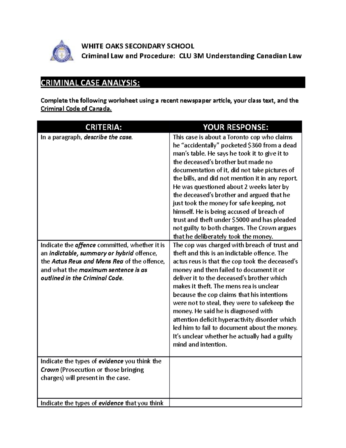 Crim case analysis - Law - WHITE OAKS SECONDARY SCHOOL Criminal Law and ...