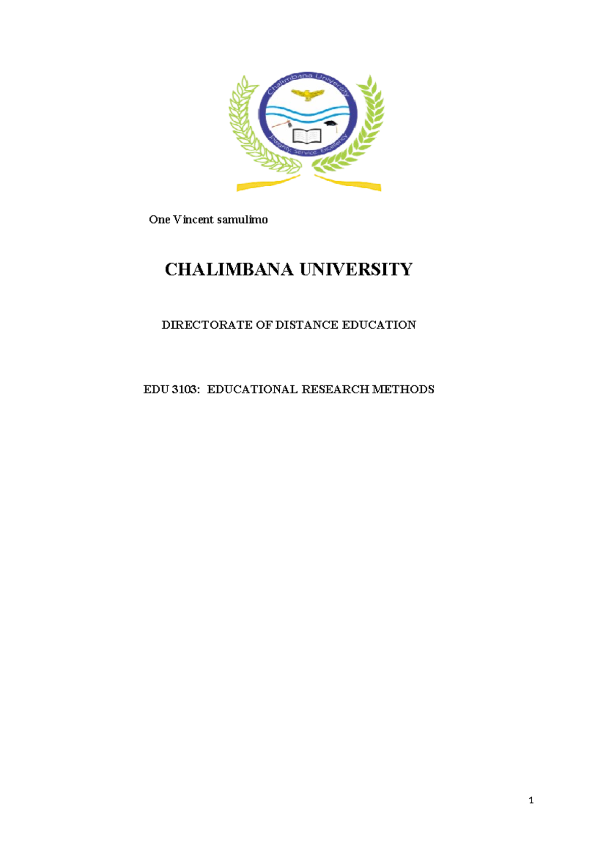 Research Module 2020 - One Vincent samulimo CHALIMBANA UNIVERSITY ...