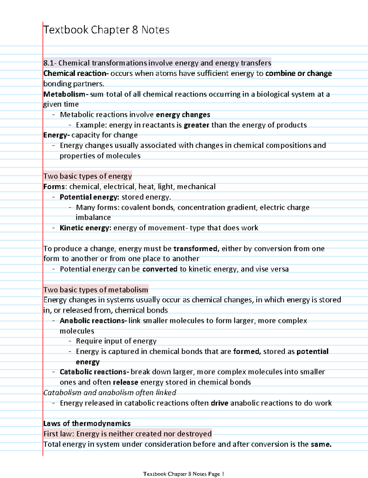 Textbook Chapter 8 Notes - 8- Chemical transformations involve energy ...