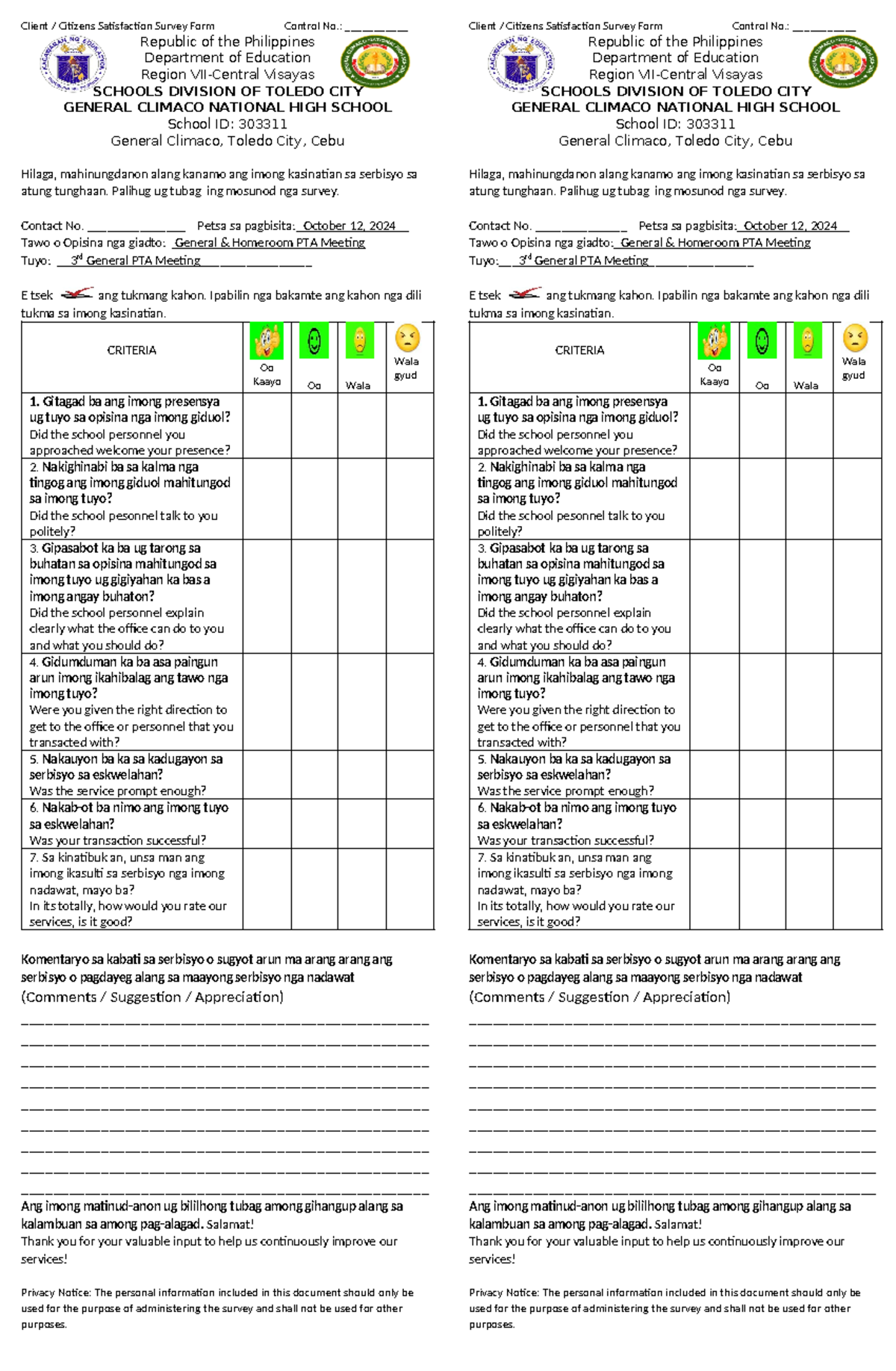 PTA- Satisfaction- Survey - Client / Citizens Satisfaction Survey Form ...