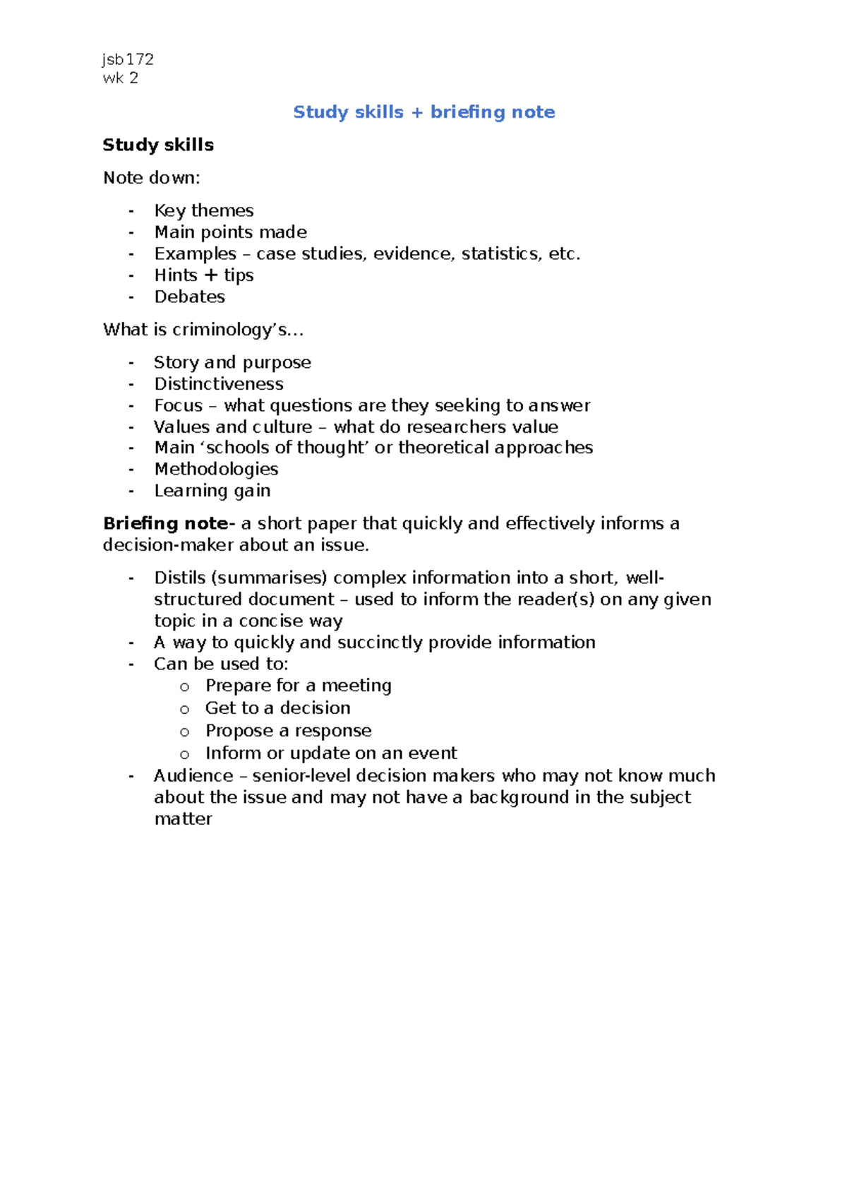 study skills + briefing note - wk 2 notes - jsb wk 2 Study skills ...