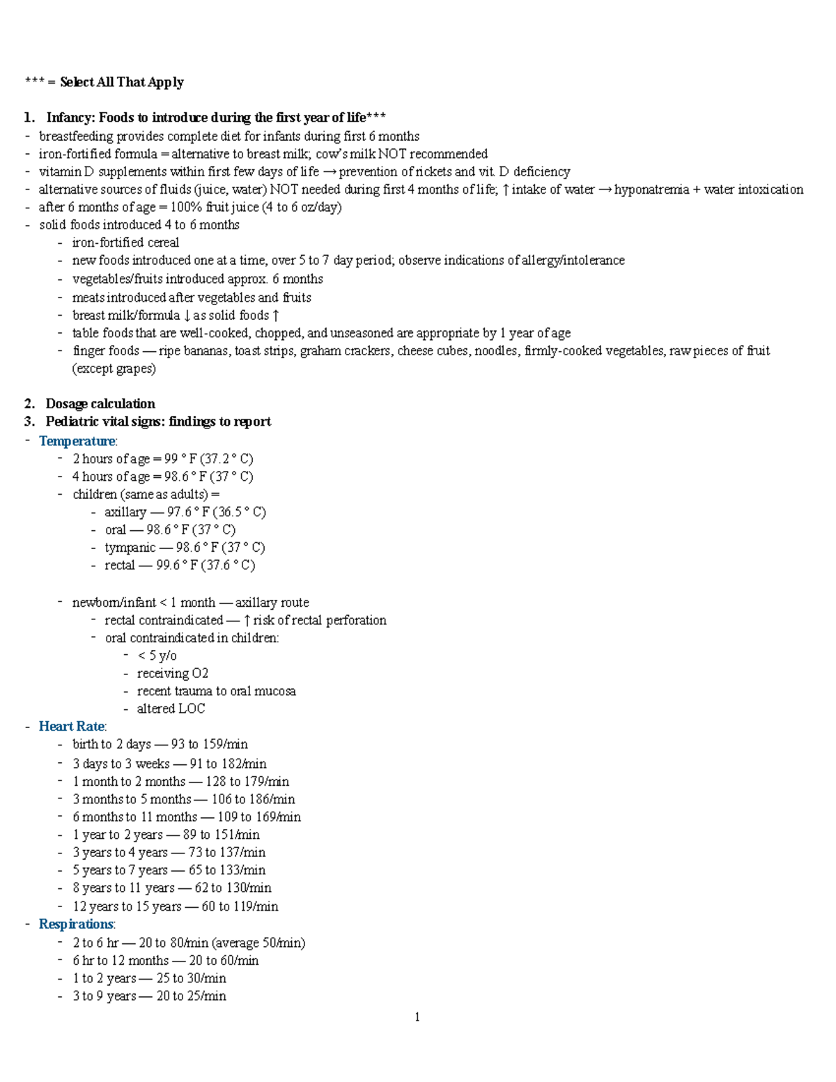 Pediatric Study Guide - *** = Select All That Apply 1. Infancy: Foods ...