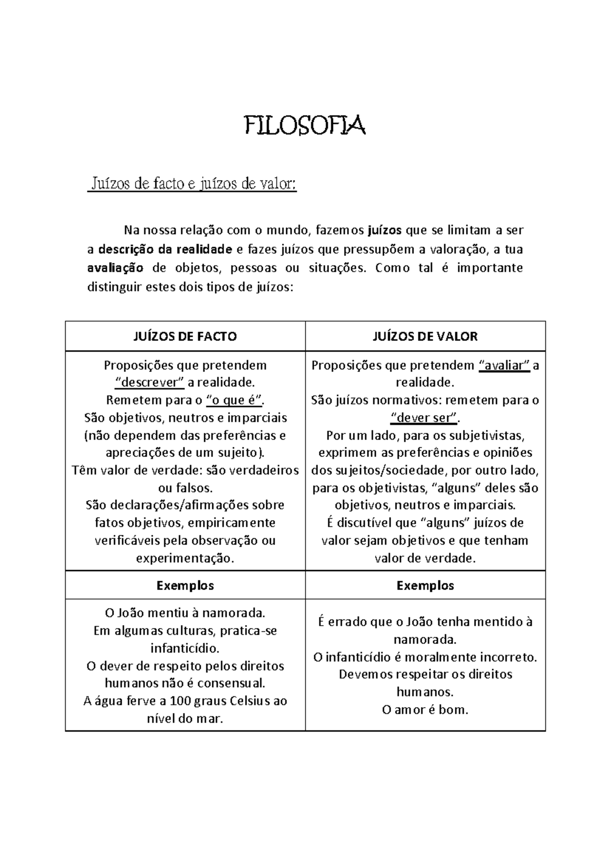 Filosofia - juízos morais - FILOSOFIA Juízos de facto e juízos de valor ...