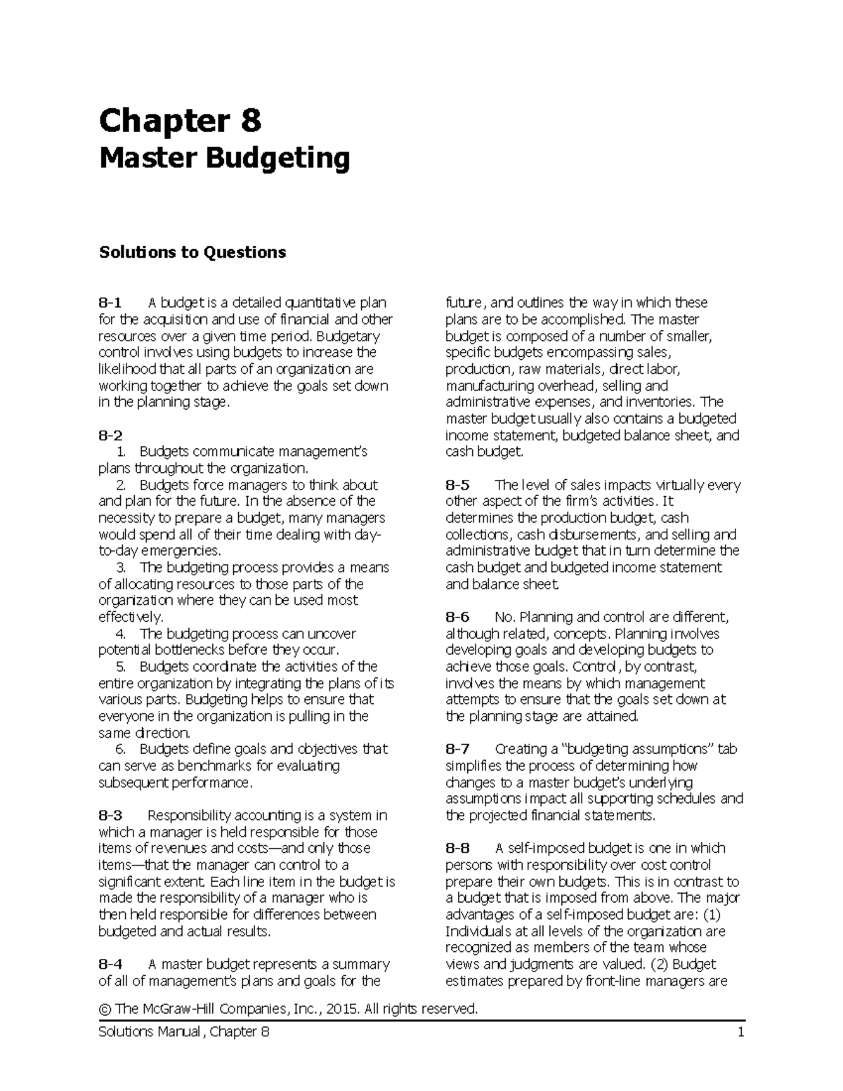 Chapter 8 solutions - Chapter 8 Master Budgeting Solutions to Questions ...