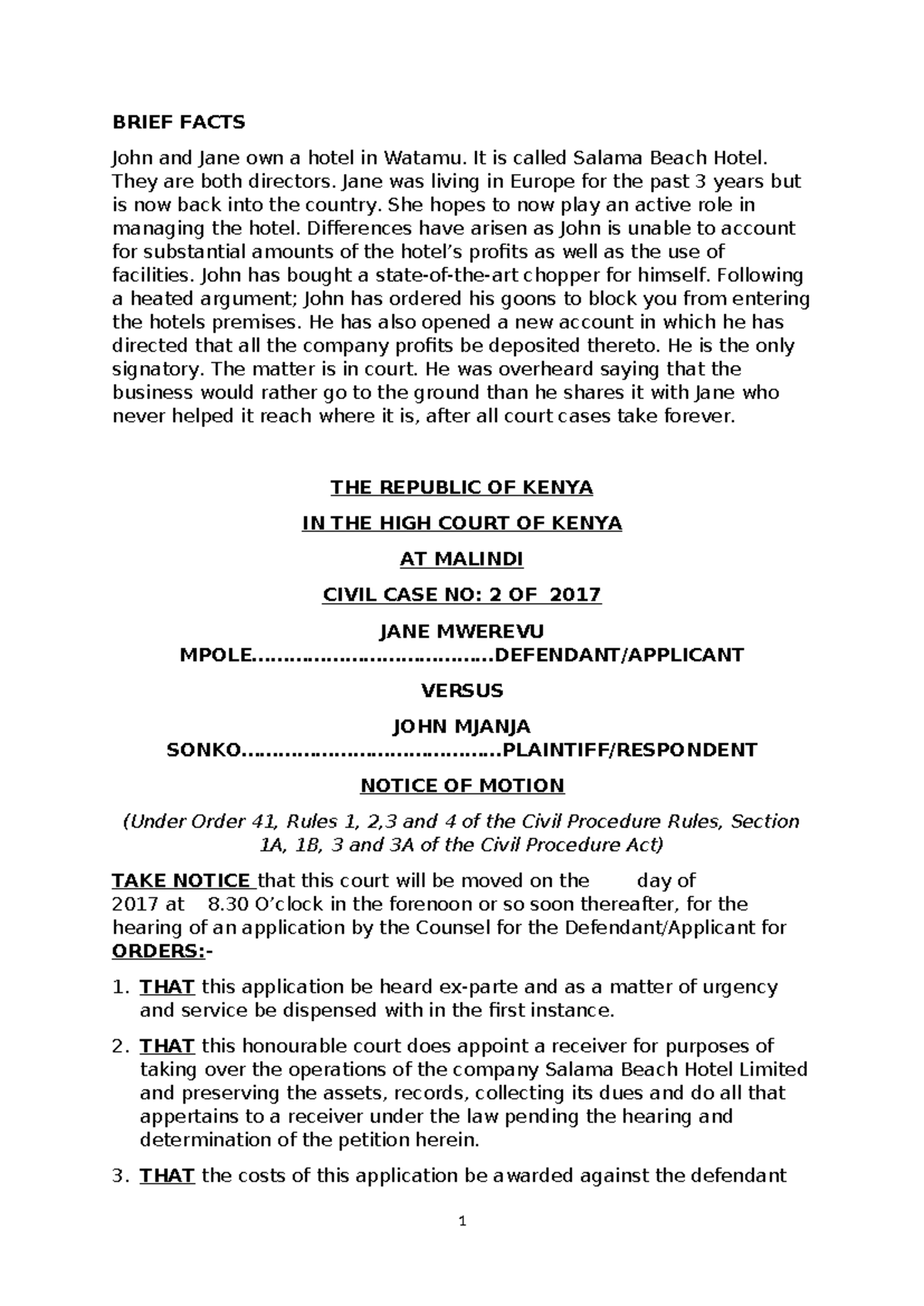 Application for an Order for Appointment of Receiver - BRIEF FACTS John ...