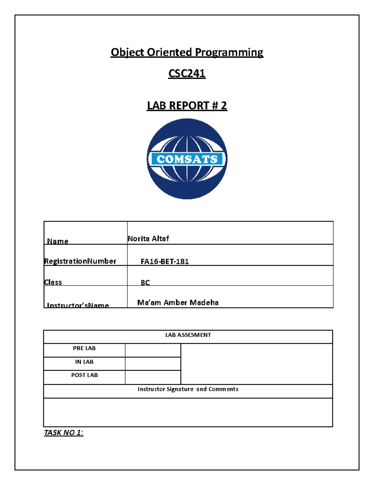 OOP Lab Report no 2 Department of Electrical Engineering Comsats IBD - Object Oriented ...