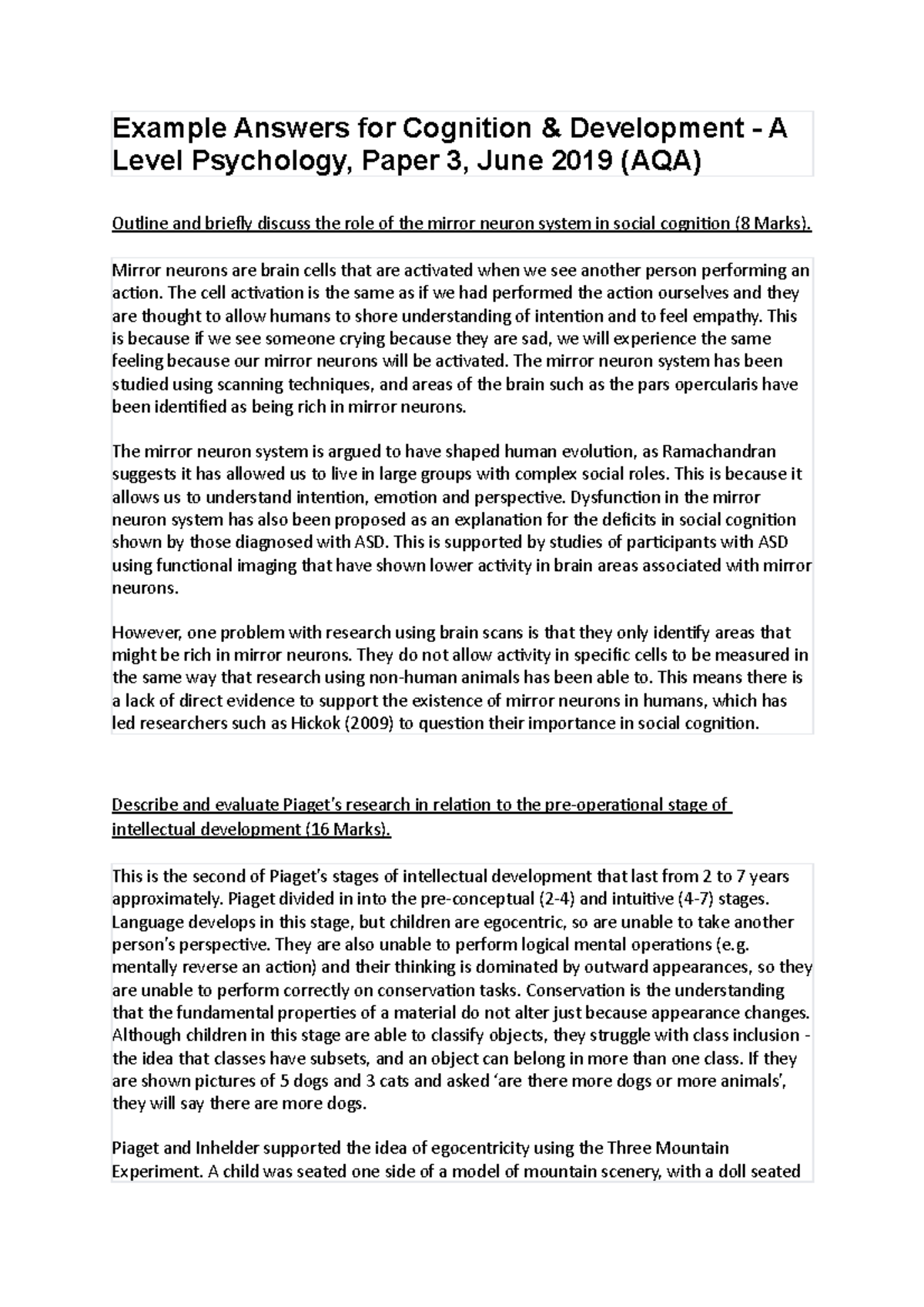 Example Answers for Cognition and Development- A Level Psychology ...