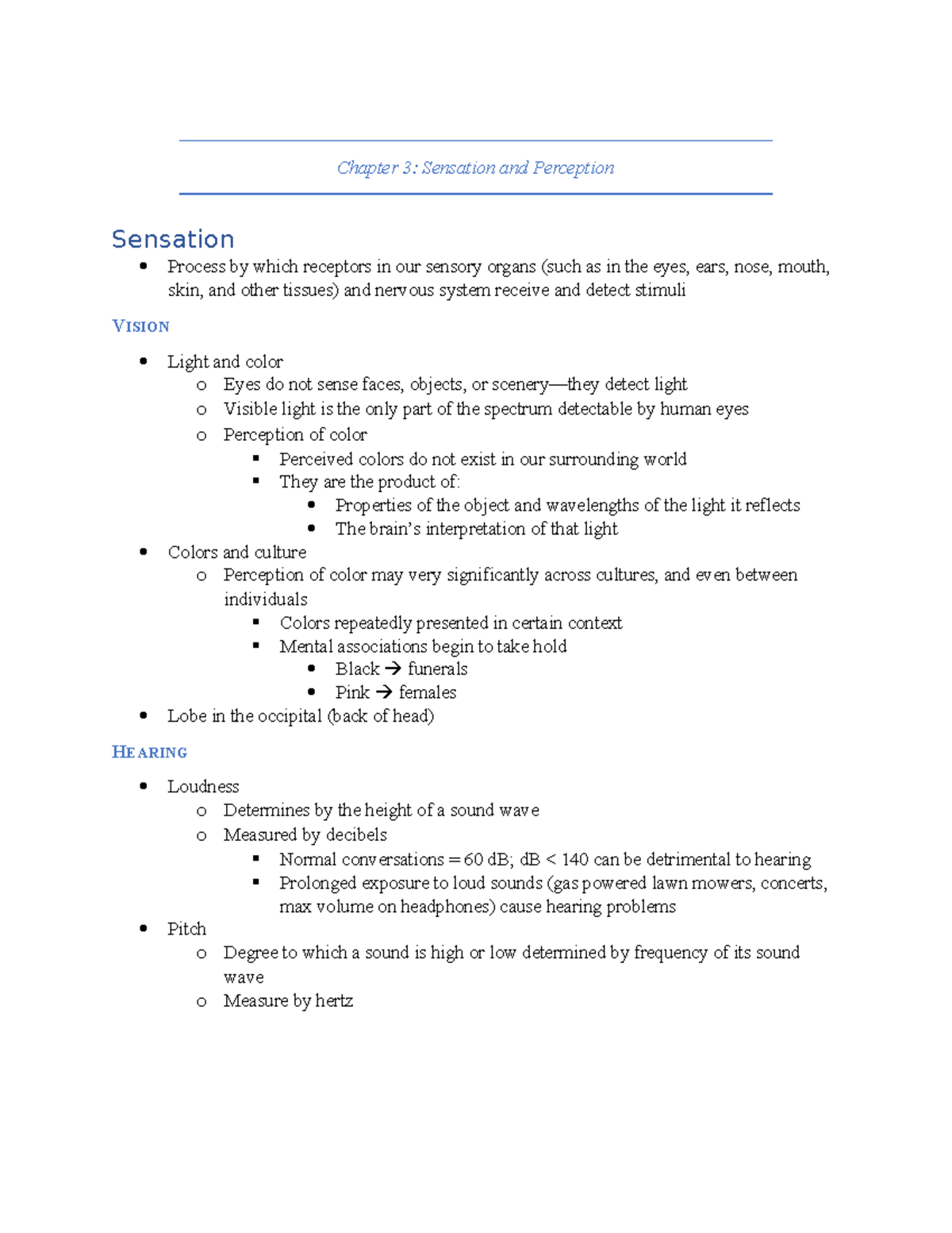 Chapter 3 - lecture notes - Chapter 3: Sensation and Perception ...