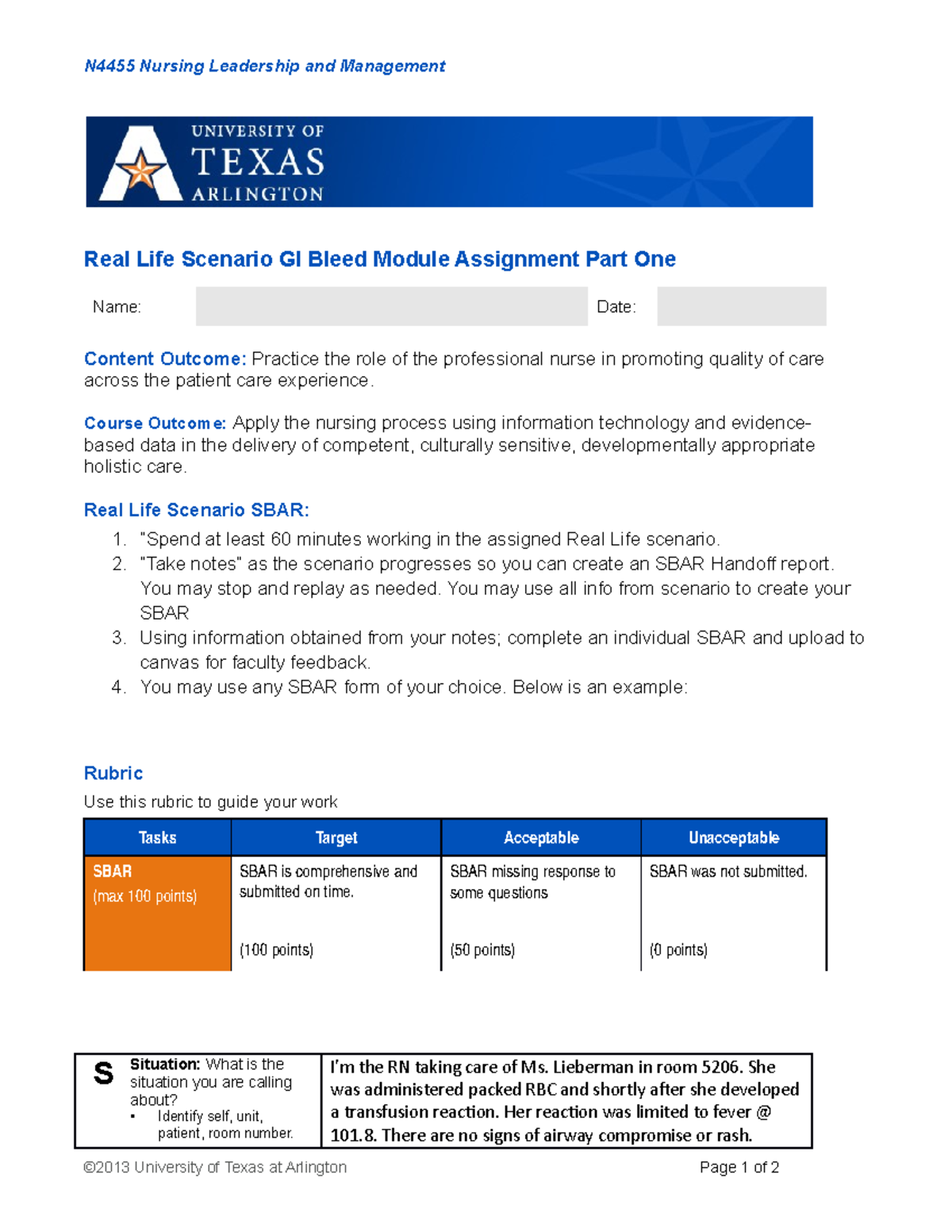 GI Bleed - SBAR - N4455 Nursing Leadership and Management Real Life ...