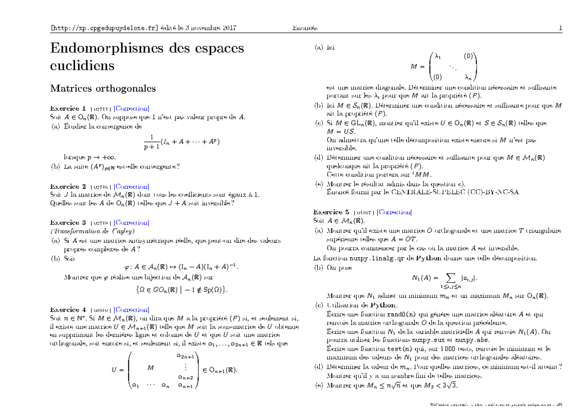 Endomorphismes des espaces euclidiens - Endomorphismes des espaces euclidiens Matrices ...