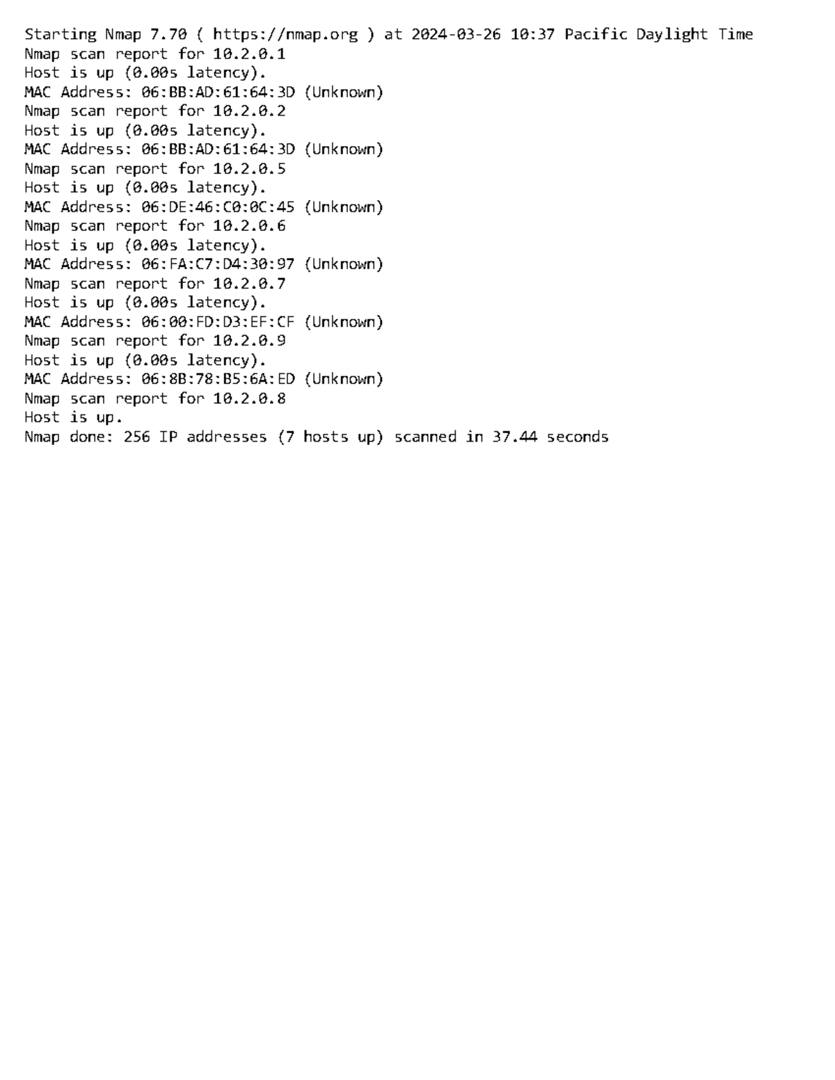 A ping scan PLTW - Starting Nmap 7 ( nmap ) at 2024-03-26 10:37 Pacific ...
