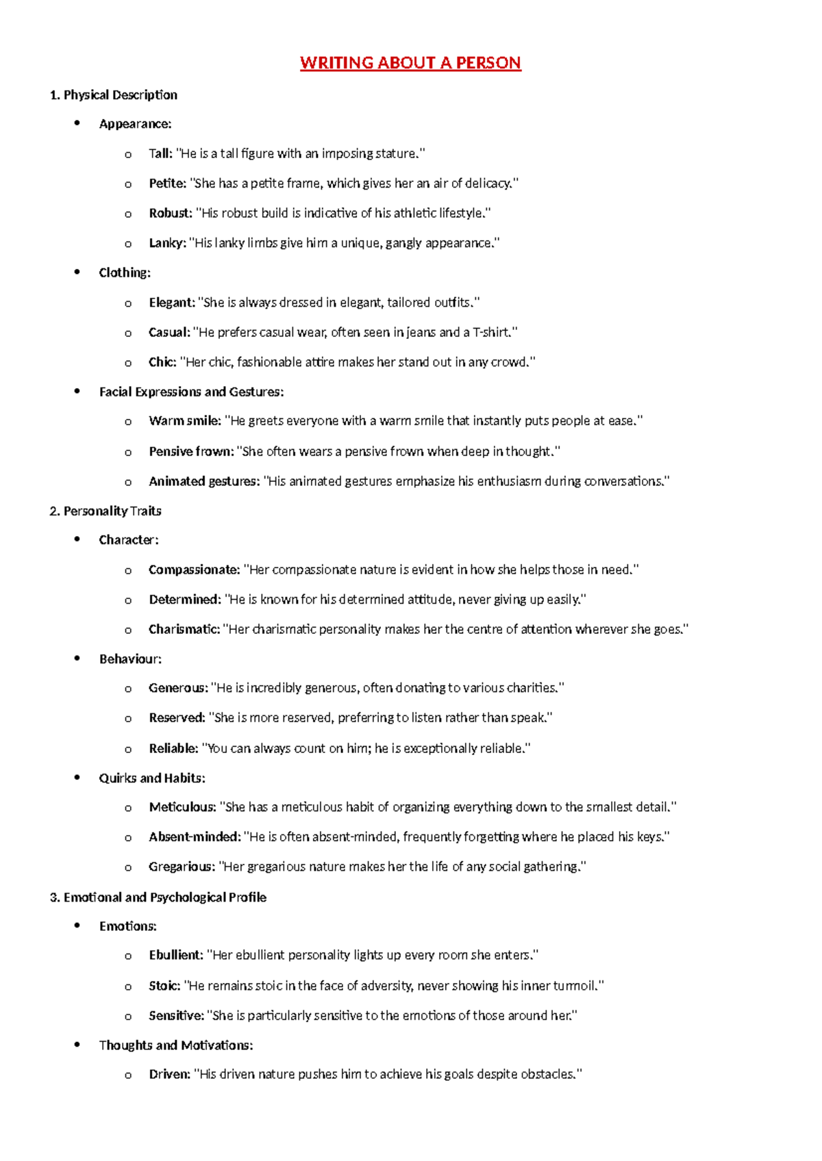 Witing about a person - NOTES - WRITING ABOUT A PERSON Physical ...