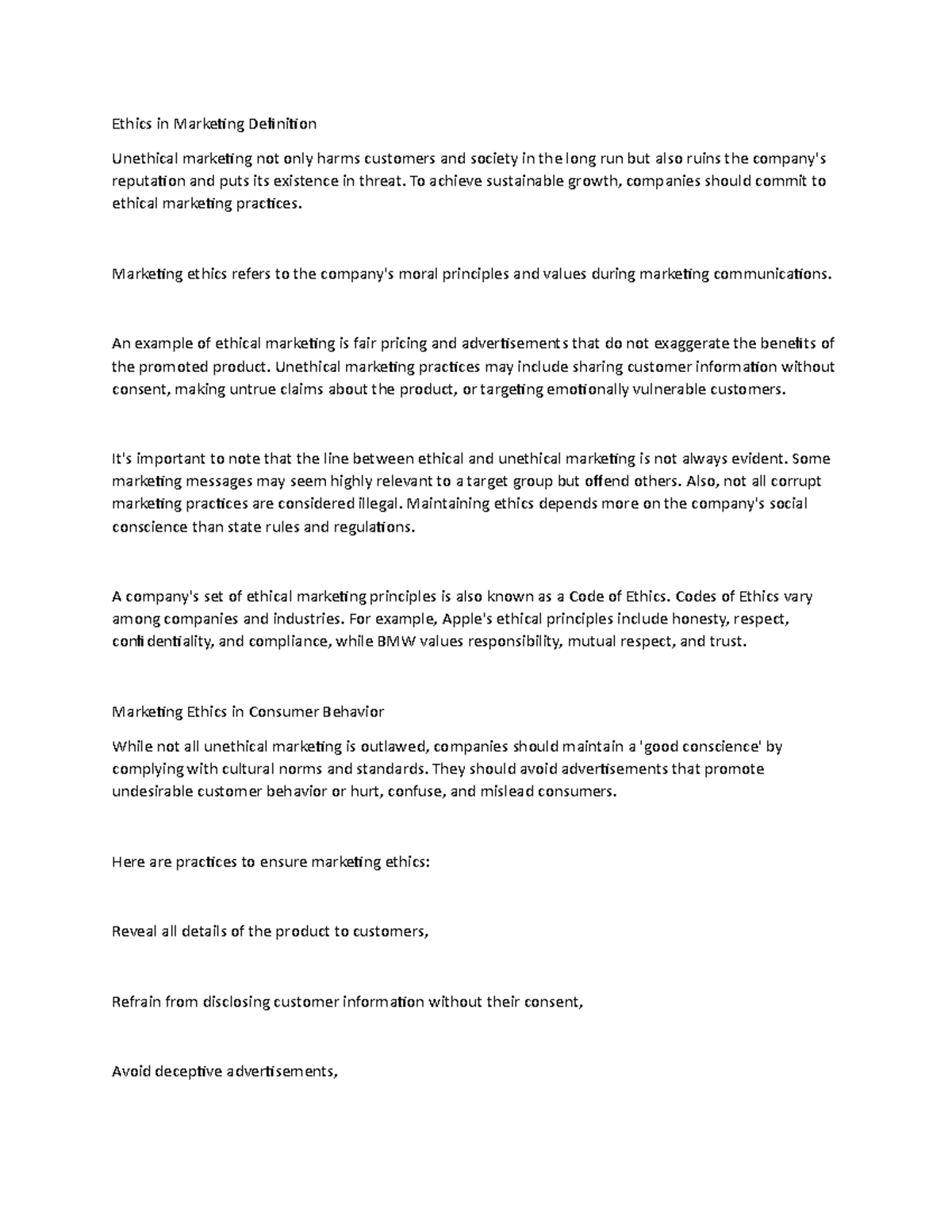 Ethics in marketing - To achieve sustainable growth, companies should ...