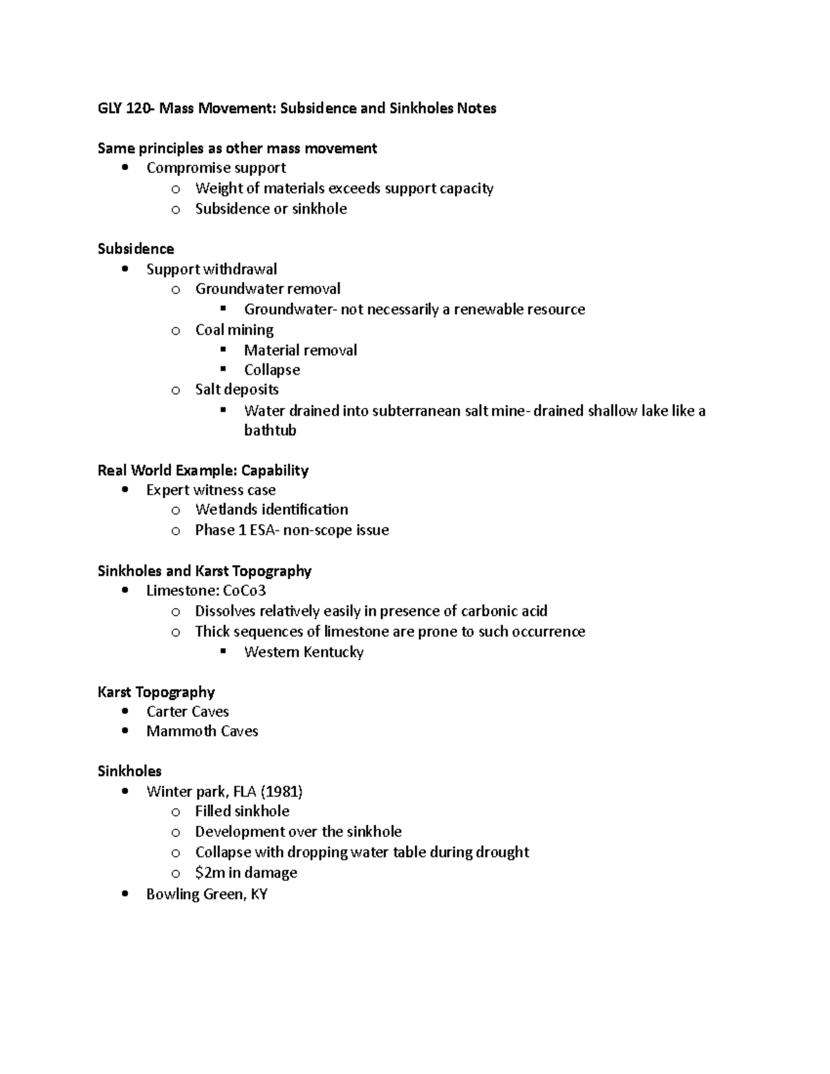 GLY 120- subsidence and sinkholes - GLY 120- Mass Movement: Subsidence ...