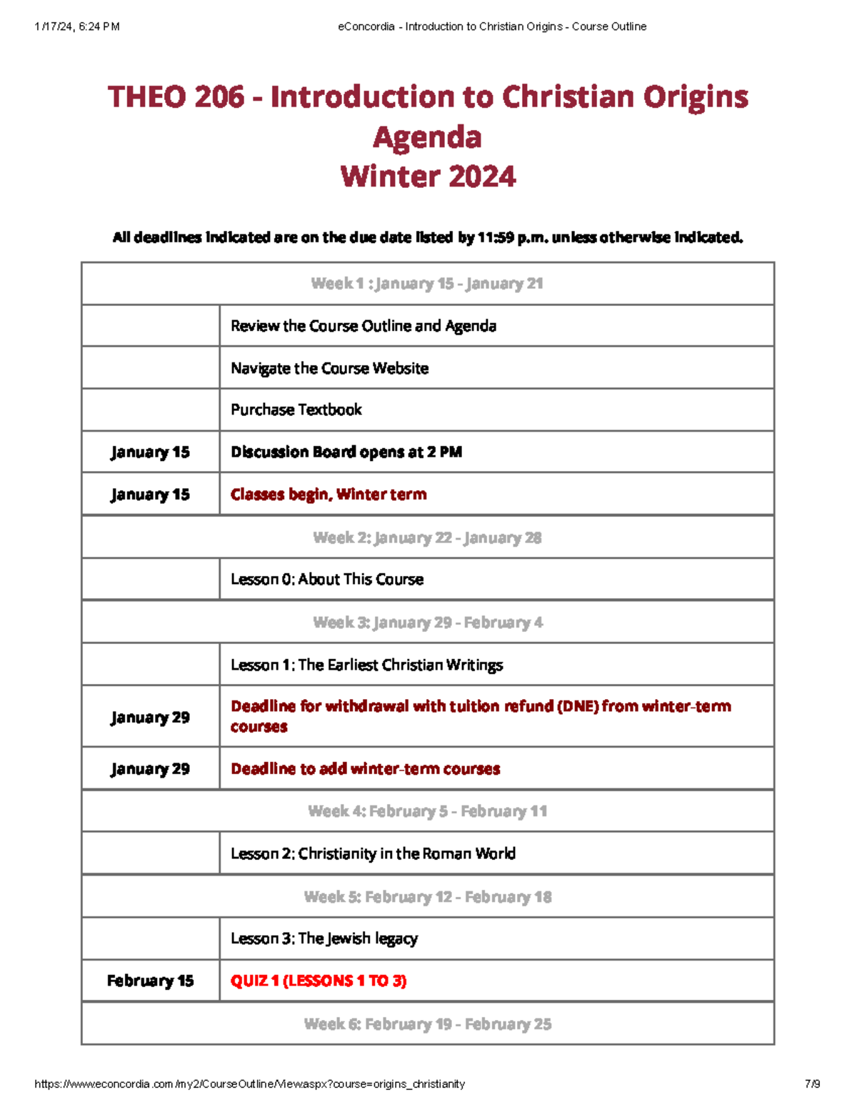 E Concordia - Introduction to Christian Origins - Course Outline - 1/17 ...