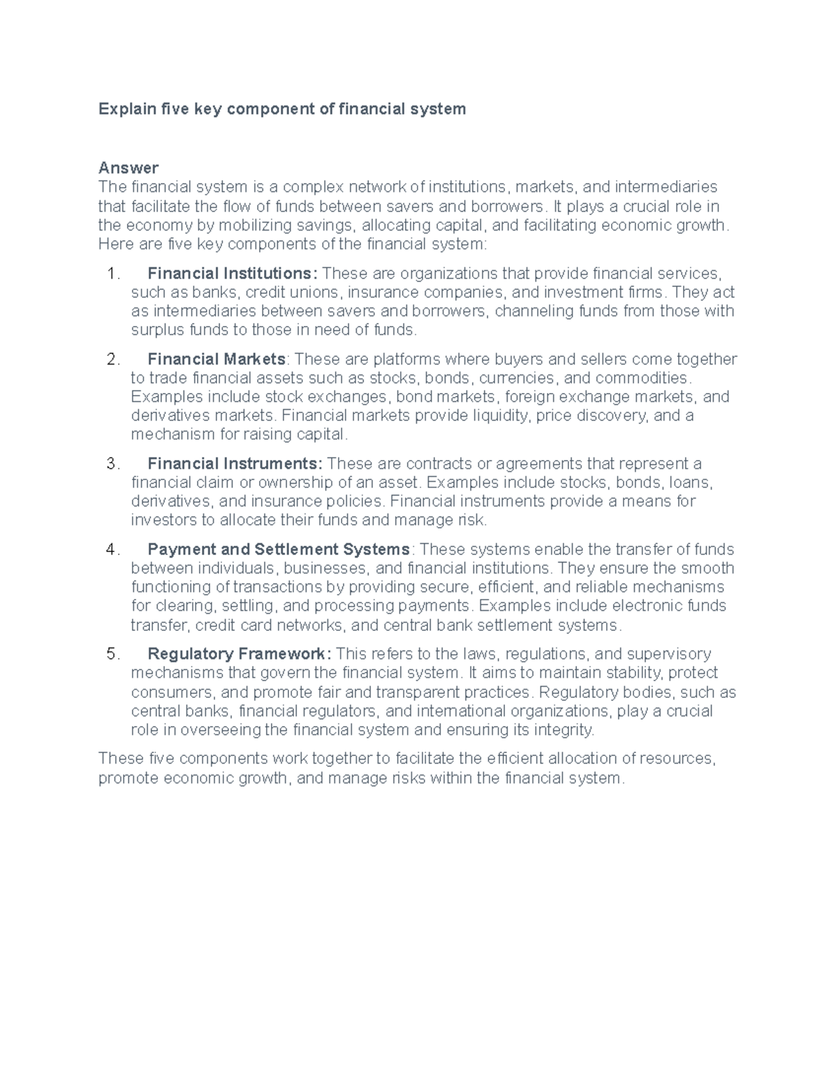8. Development finance - Explain five key component of financial system ...