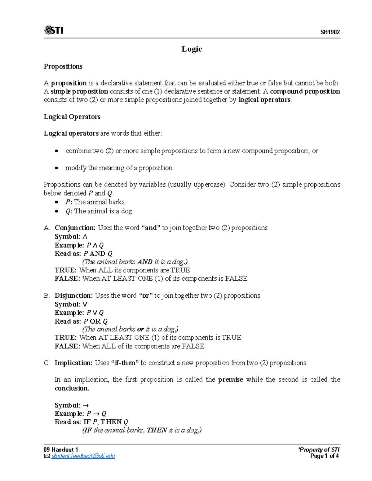 Logic - General Mathematics - STI Handouts - 09 Handout 1 *Property of STI Logic Propositions A ...