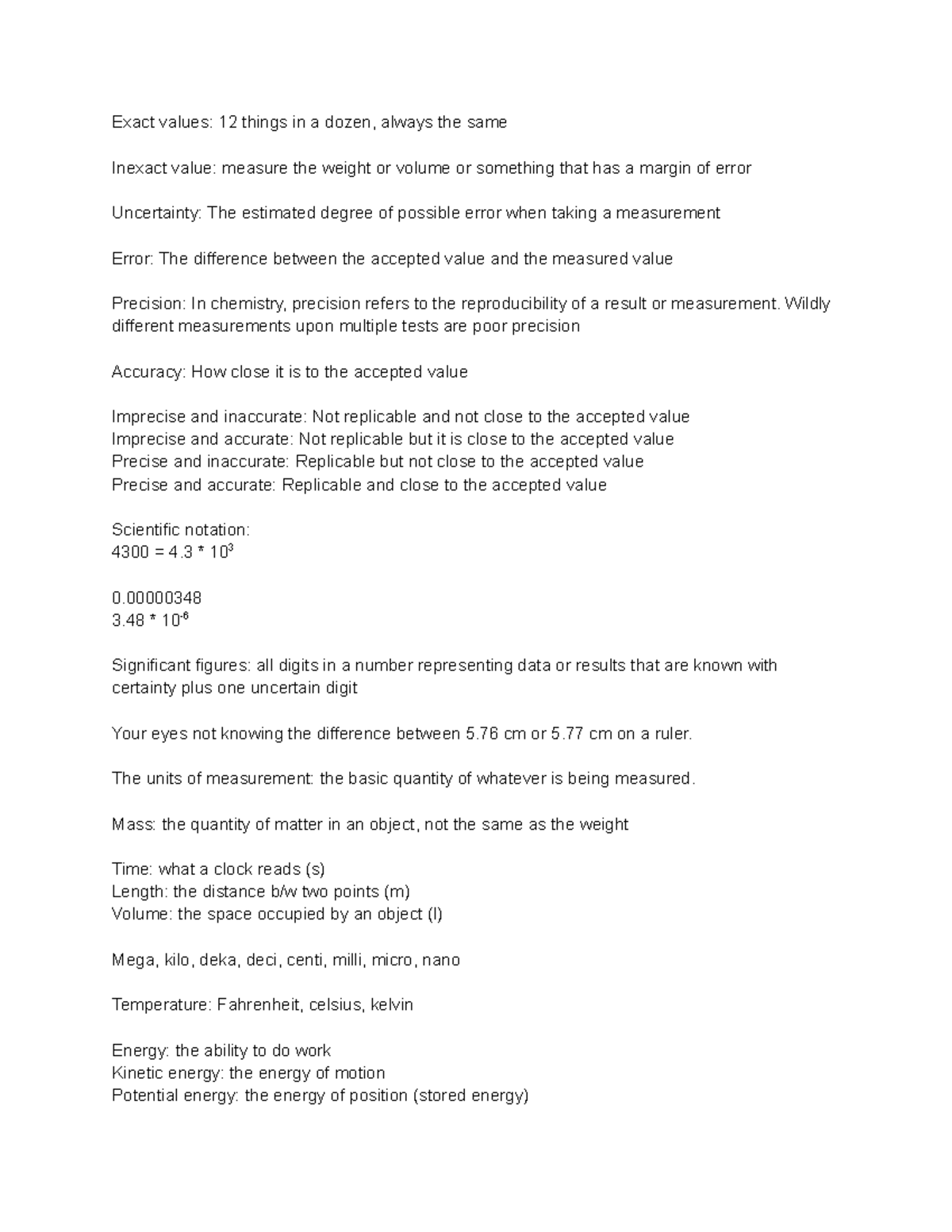 Chemistry Notes - Sig Figs, Scientific Notation, etc - Exact values: 12 ...