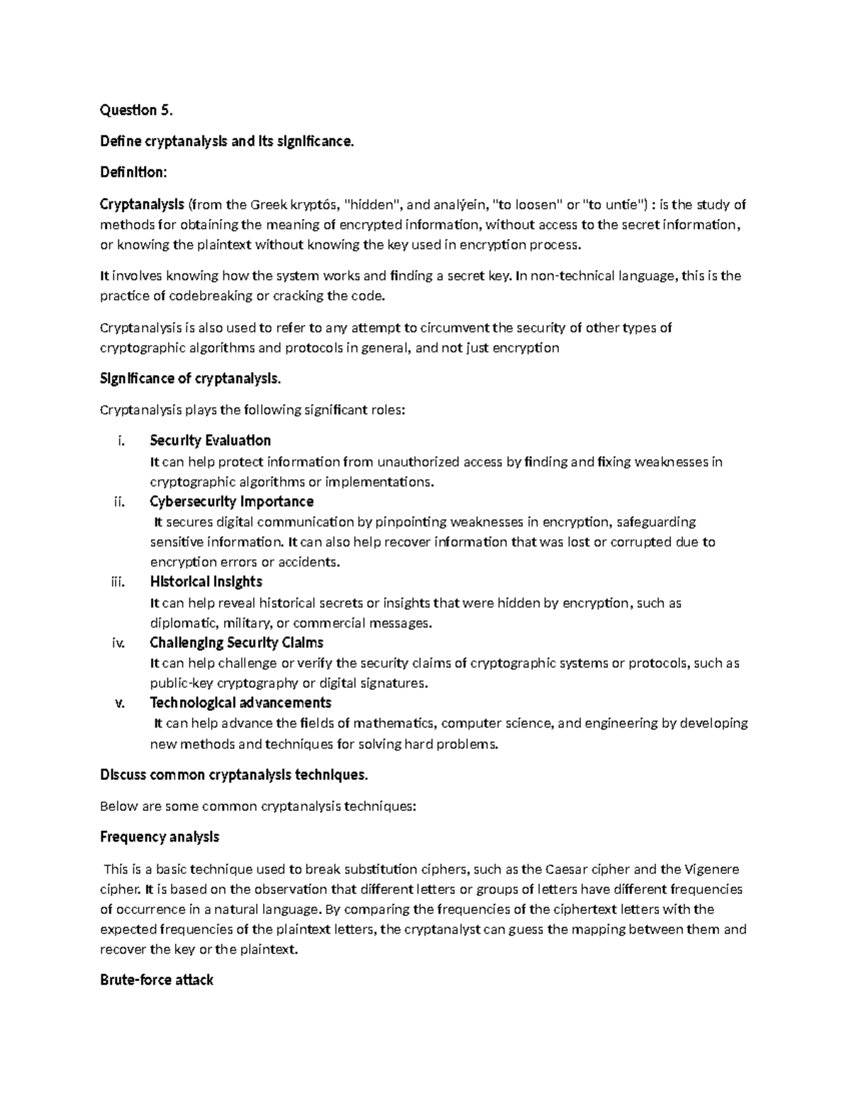 Cryptography assignment - Question 5. Define cryptanalysis and its significance. Definition ...