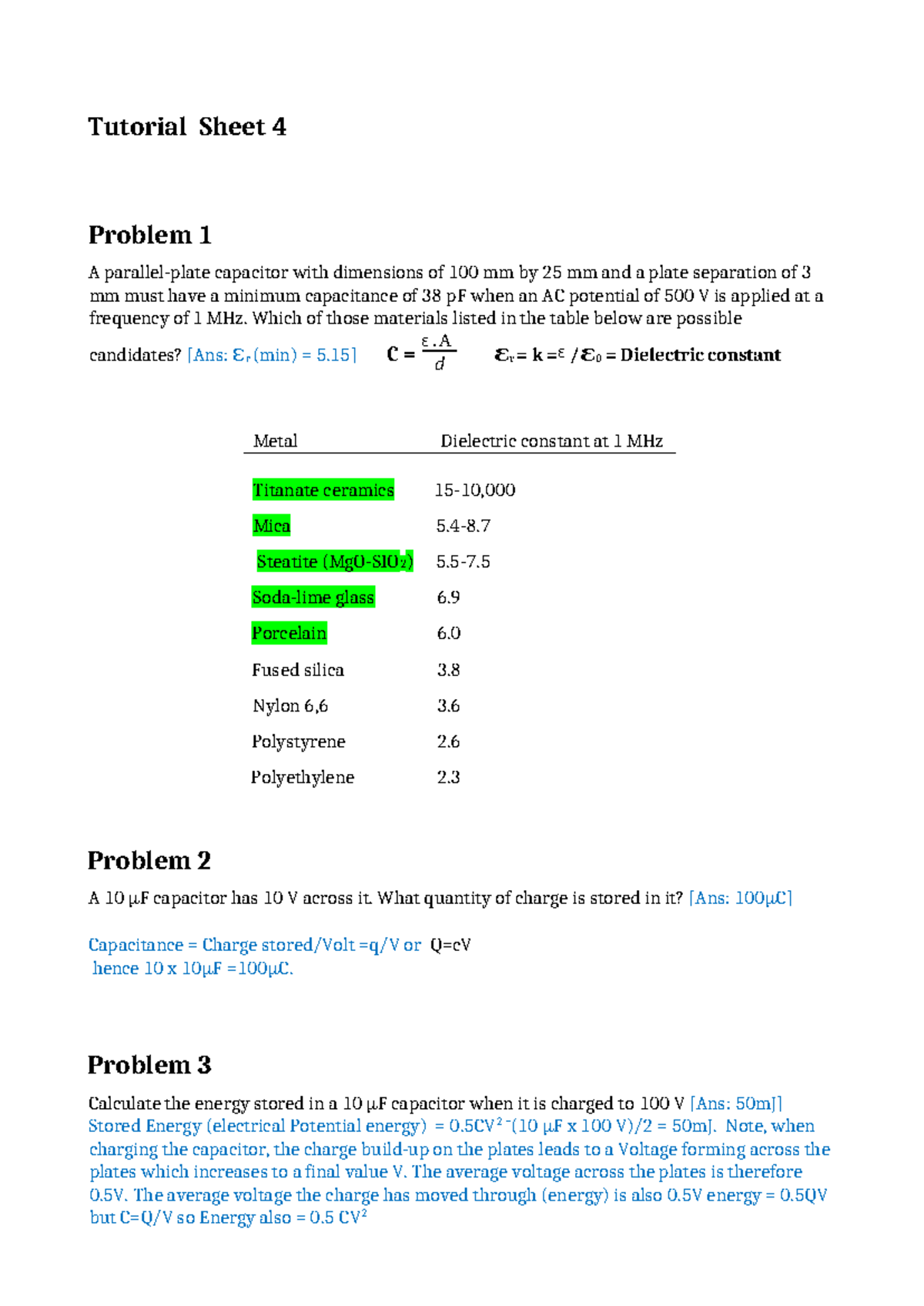 Elec Sci Tut 4 with solutions - Tutorial Sheet 4 Problem 1 A parallel-plate capacitor with - Studocu