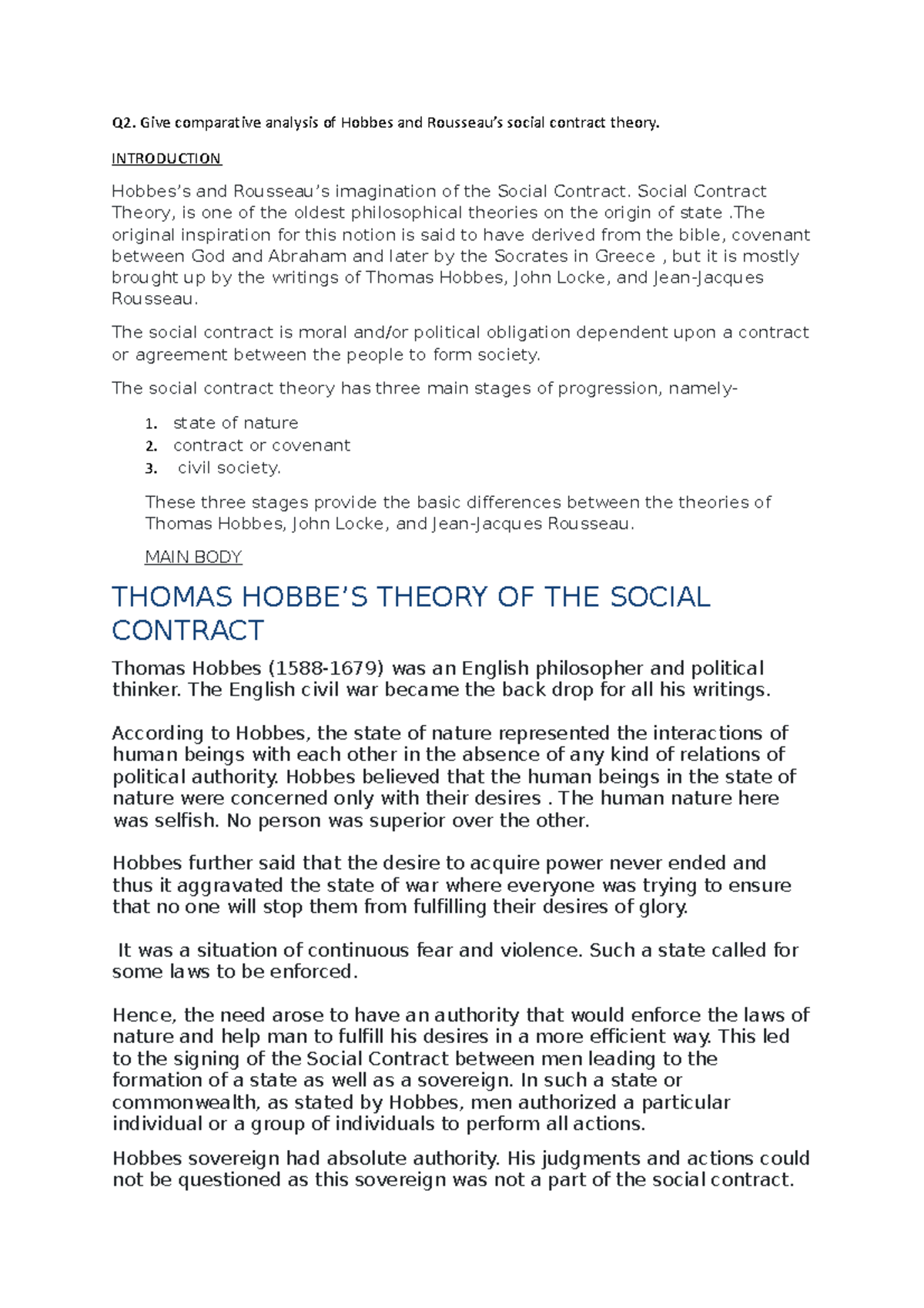 Modern 2 - ASSIGNMENTS - Q2. Give comparative analysis of Hobbes and ...