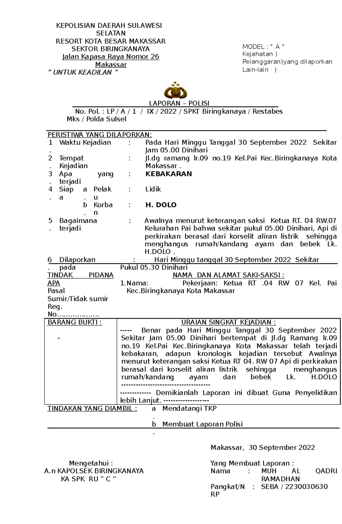 Laporan Polisi 'A' - KEPOLISIAN DAERAH SULAWESI SELATAN RESORT KOTA BESAR MAKASSAR SEKTOR - Studocu