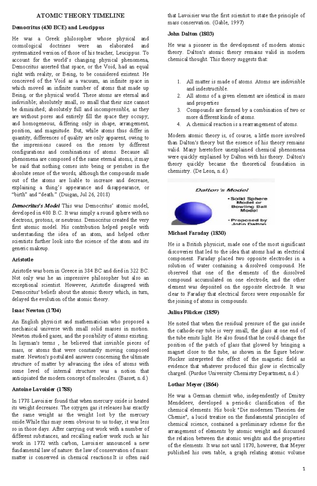 Atomic Theory Timeline - ATOMIC THEORY TIMELINE Democritus (430 BCE ...