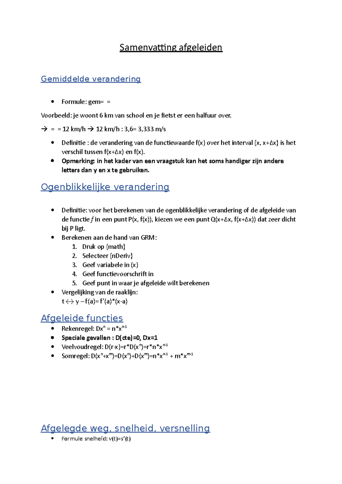 Samenvatting afgeleiden - Samenvatting afgeleiden Gemiddelde ...