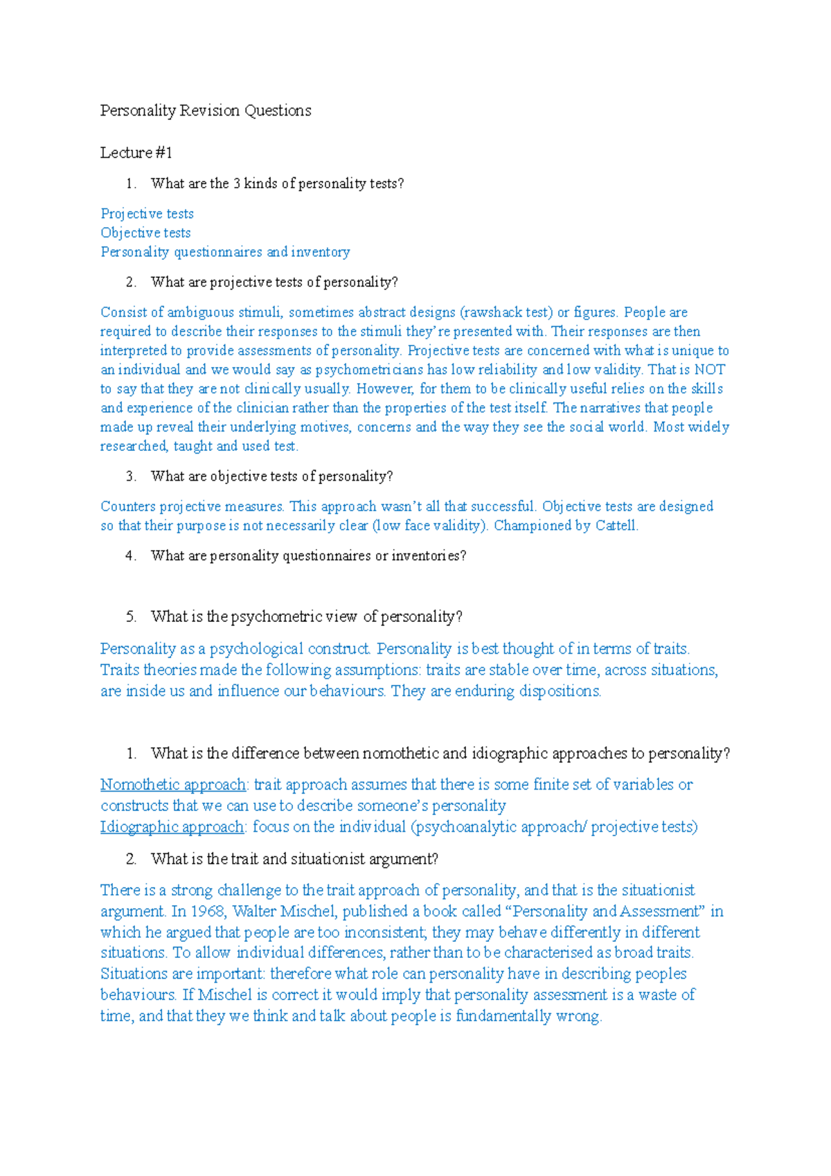 Personality Revision Questions - Personality Revision Questions Lecture ...