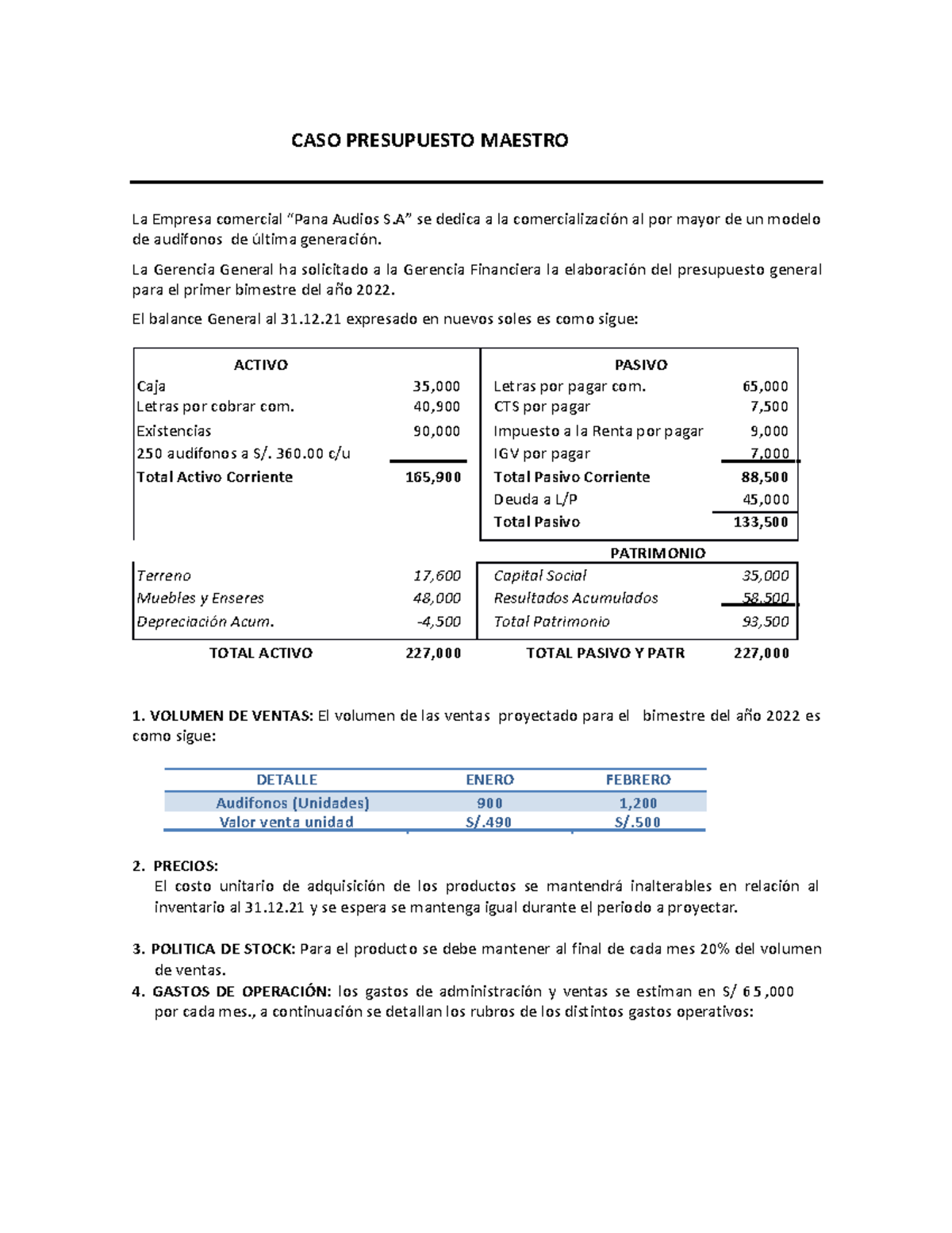 Caso Presupuesto Maestro - CASO PRESUPUESTO MAESTRO La Empresa comercial “Pana Audios S” se ...