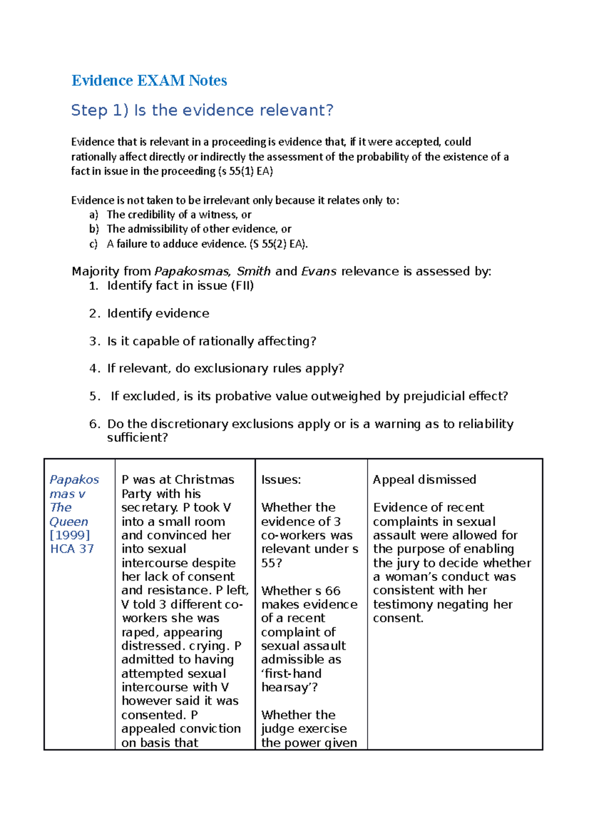 Edited Evidence Notes - Evidence EXAM Notes Step 1) Is the evidence ...