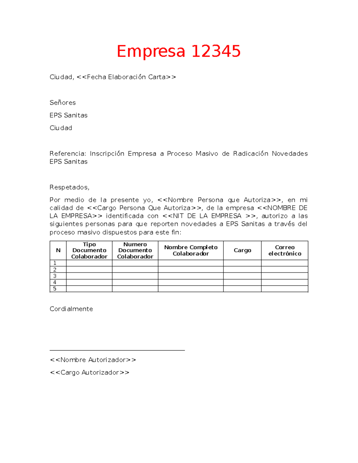 Carta 1- Proforma Proceso Novedades Inscripcion Empresa - Empresa 12345 ...