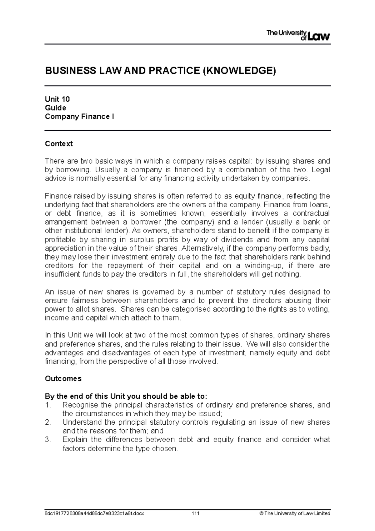 Guide - BUSINESS LAW AND PRACTICE (KNOWLEDGE) Unit 10 Guide Company ...