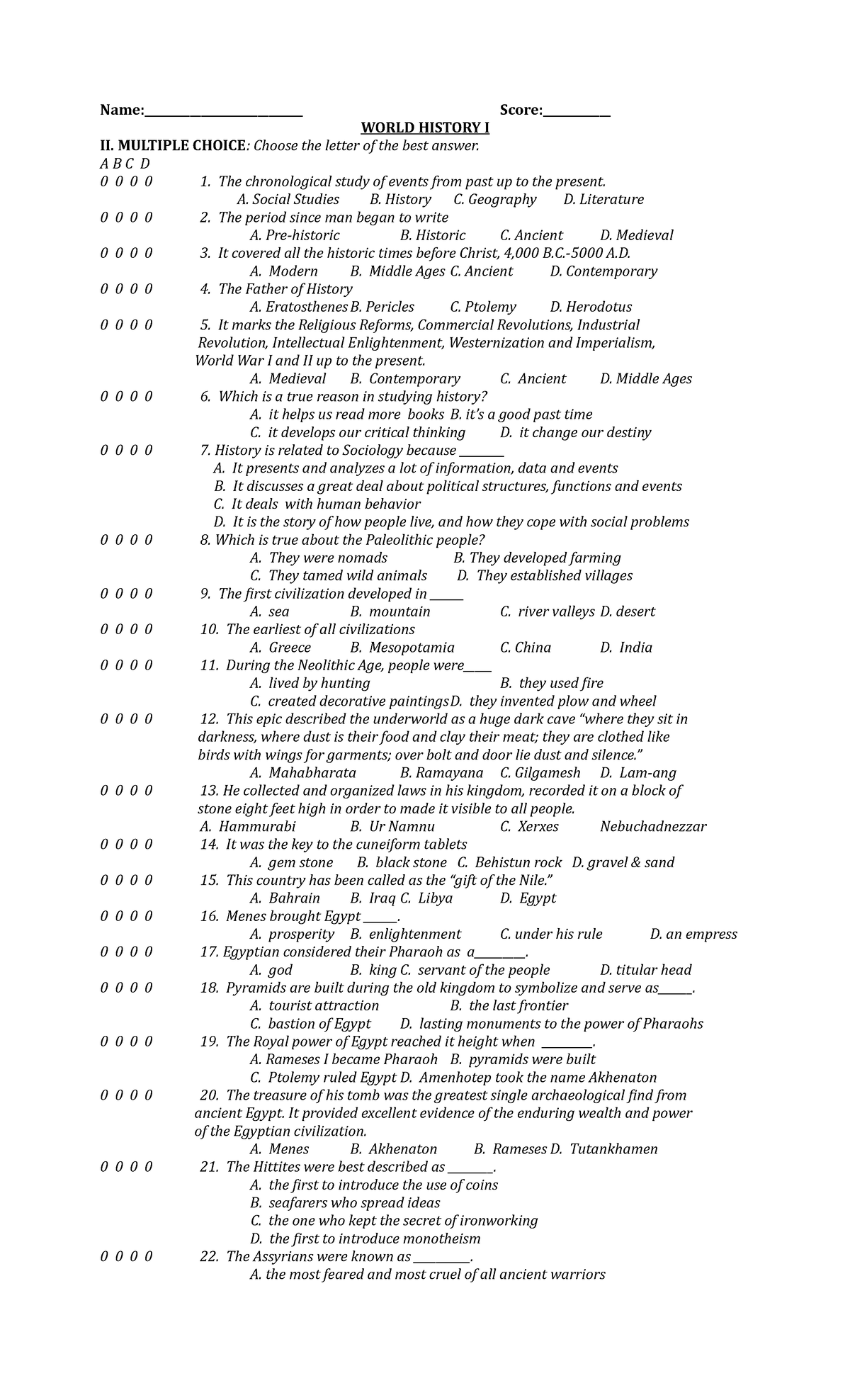 Exercises World History 1 - Name:____________________________ Score ...