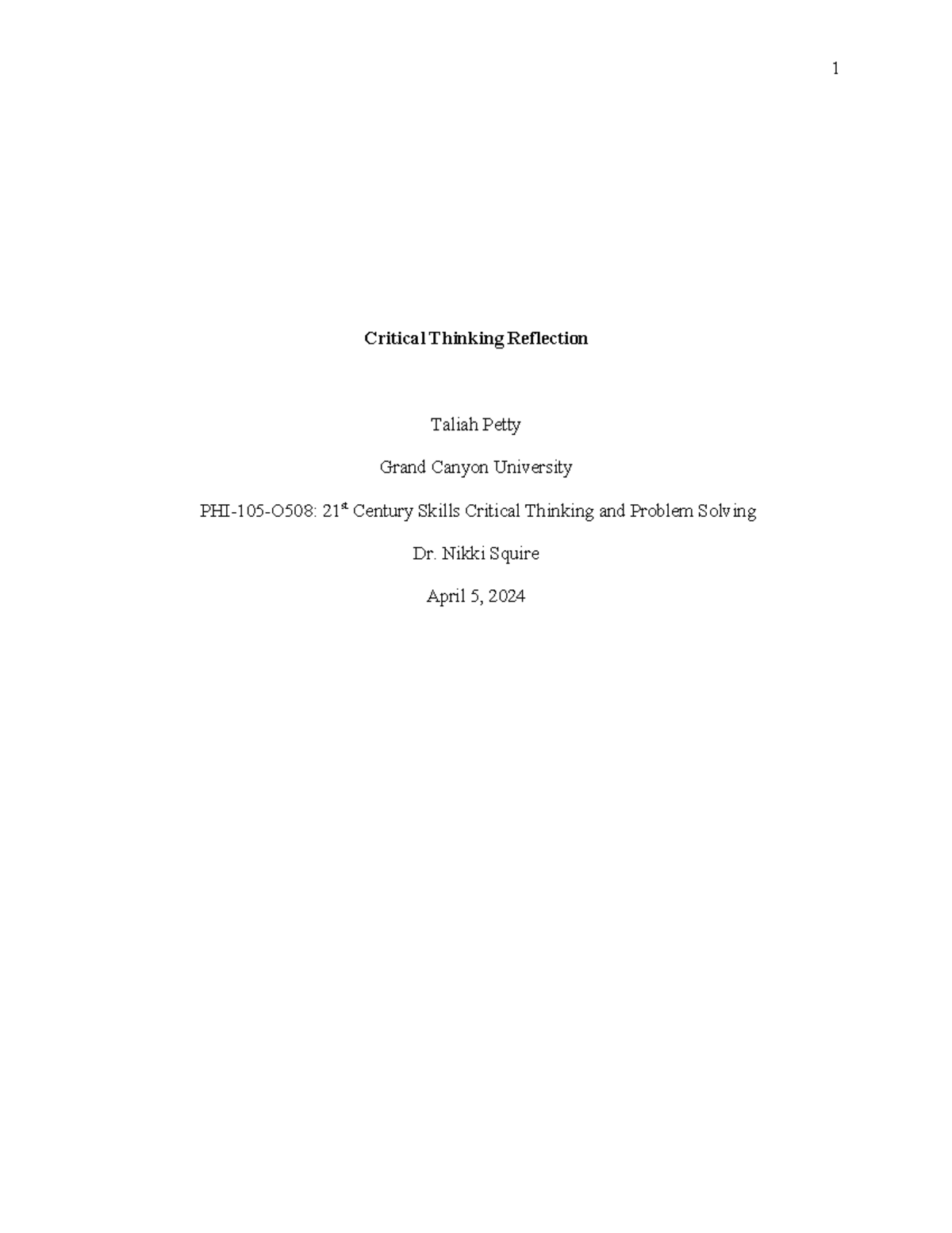 PHI-105 Critical Thinking Reflection - Critical Thinking Reflection ...