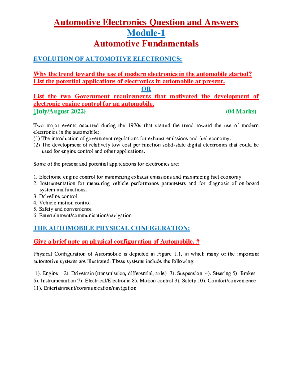 AE 18EC742 Module 1 Question and Answer with Question Bank - Automotive ...