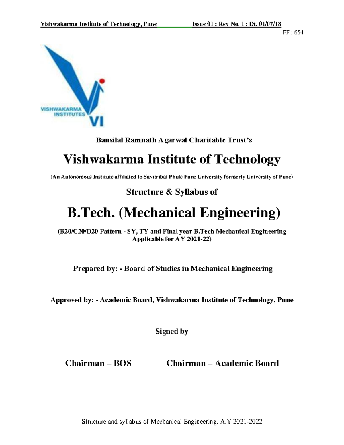 BTech Mechanical Structure and Syllabus AY 2021-22 - FF : 654 Bansilal ...