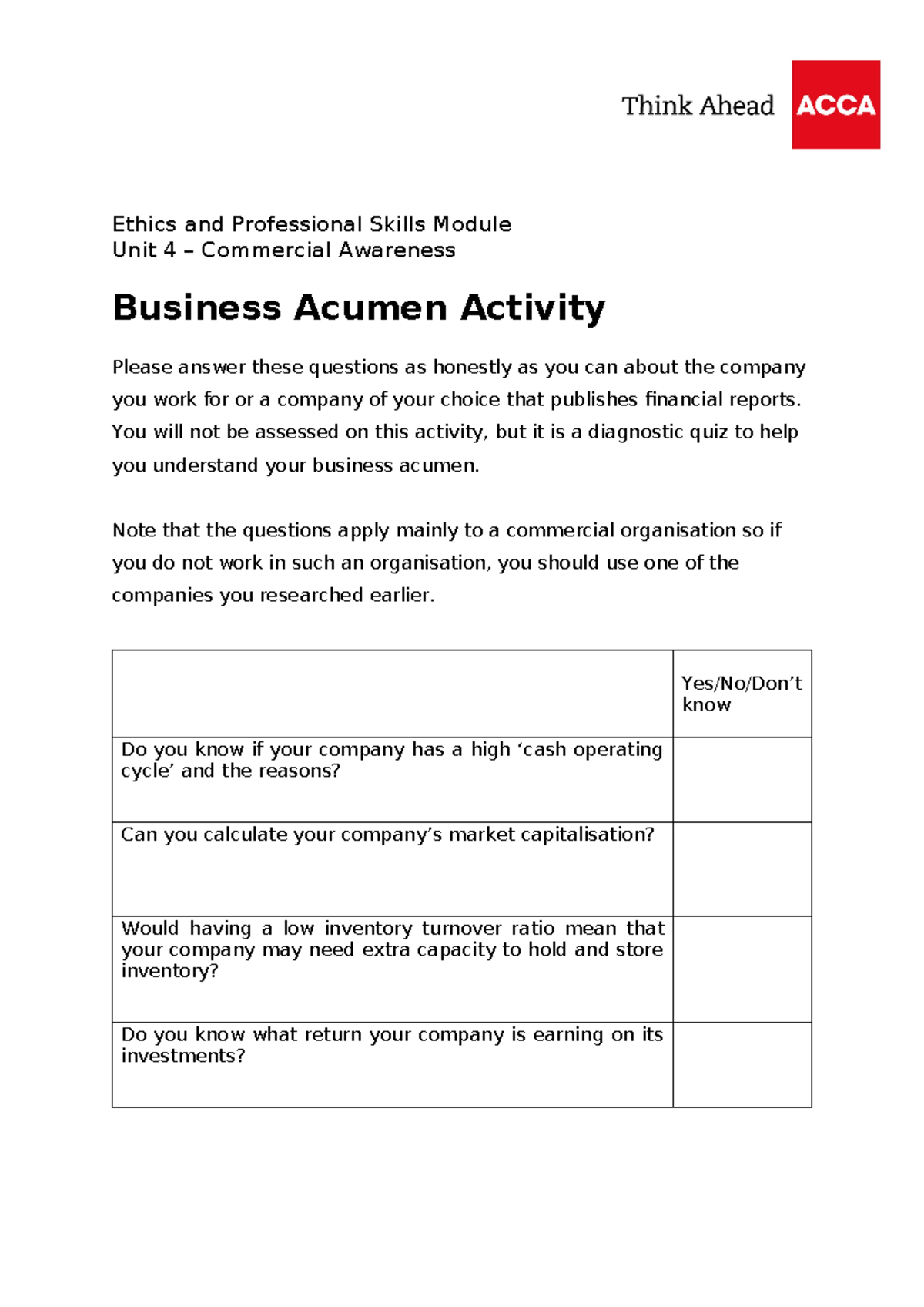 Business Acumen Activity - Ethics and Professional Skills Module Unit 4 ...