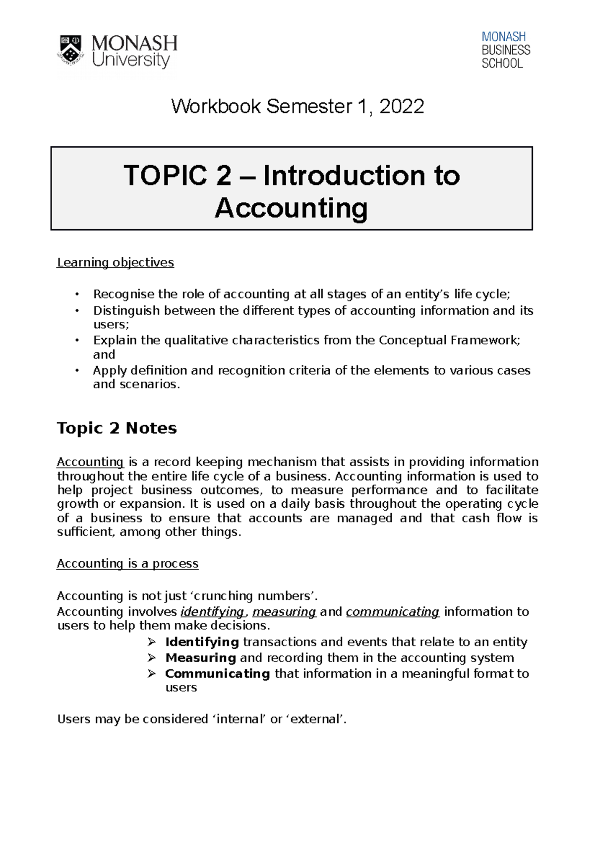 Workbook Topic 2 - Summery - Workbook Semester 1, 2022 TOPIC 2 ...